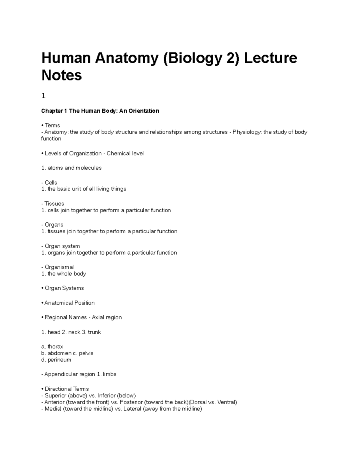 Human Anatomy - lecture notes - Human Anatomy (Biology 2) Lecture Notes ...