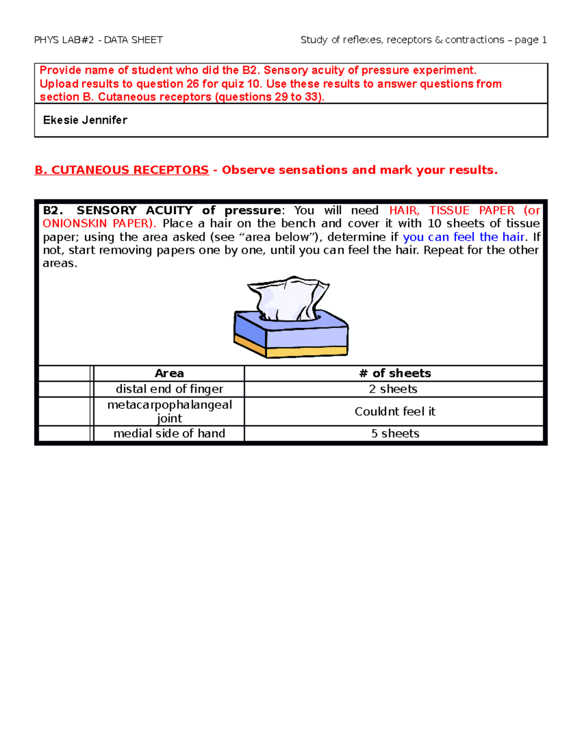 B2. Sensory acuity of pressure - PHYS LAB#2 - DATA SHEET Study of ...