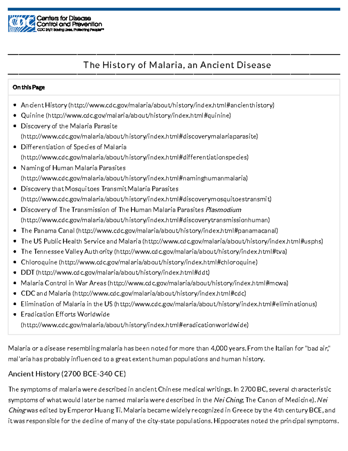Malaria History Reading - On this Page Ancient History - Studocu