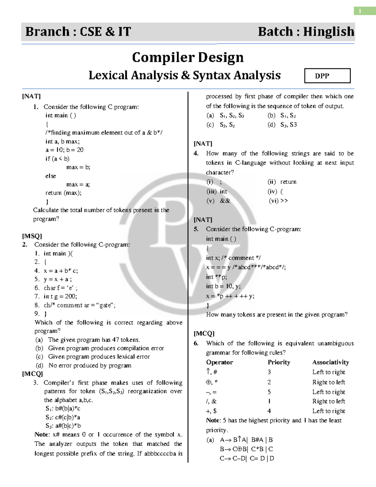 Lexical Analysis & Syntax Analysis DPP - Branch : CSE & IT Batch : Hinglish Compiler Design ...