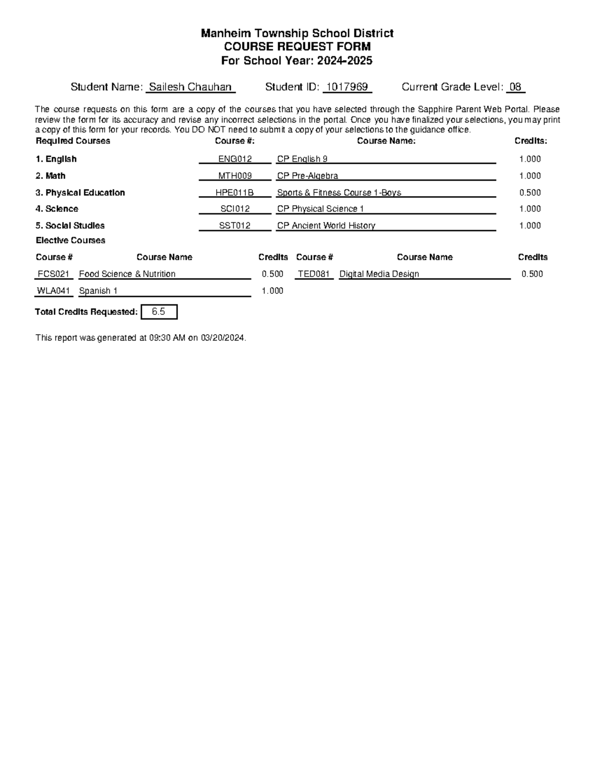 Course Request Form - answer - Manheim Township School District COURSE ...