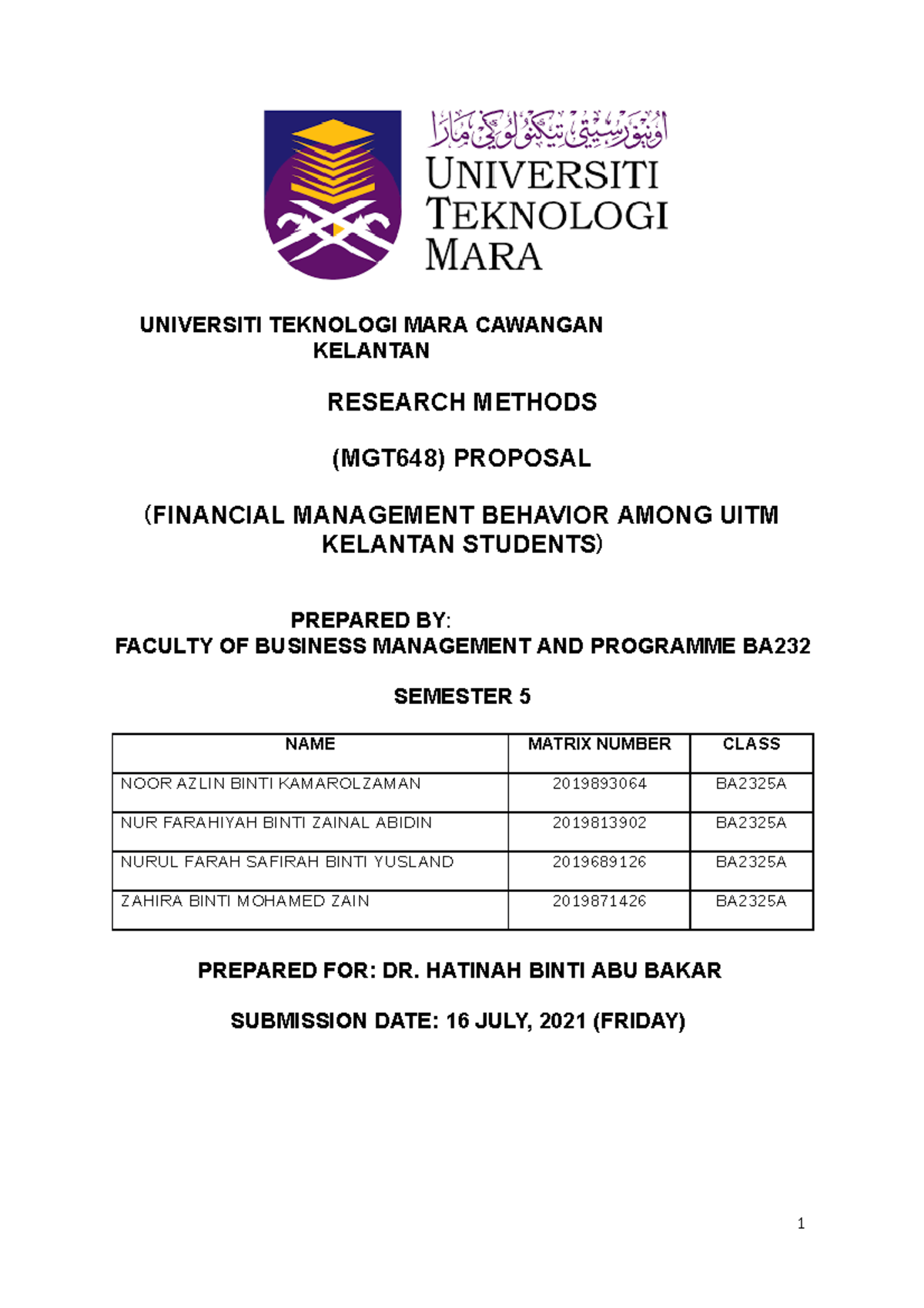 CTH Proposal - Example research - 1 UNIVERSITI TEKNOLOGI MARA CAWANGAN ...