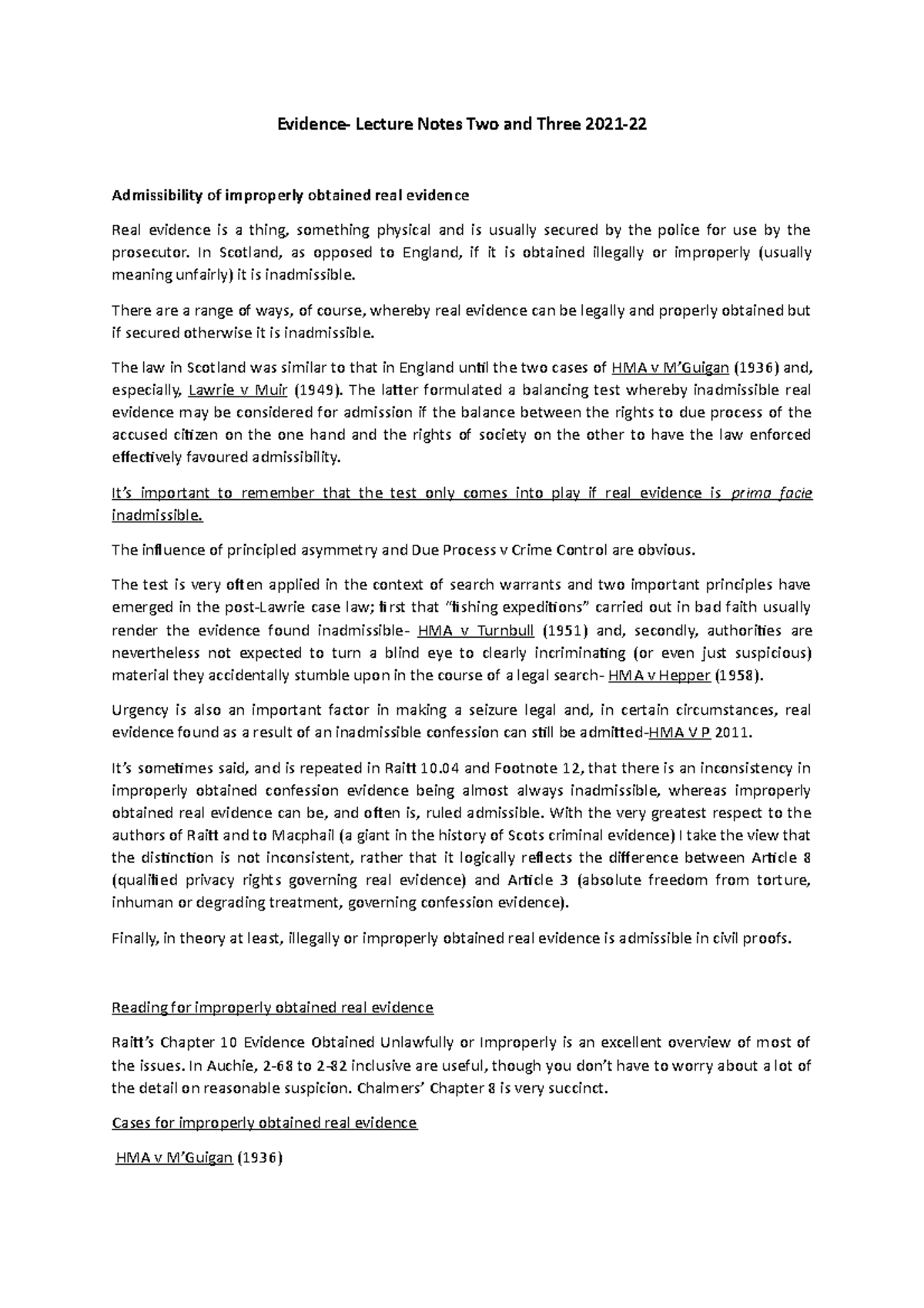 Evidence Lecture Notes Two and Three 2021-22 - Evidence- Lecture Notes ...