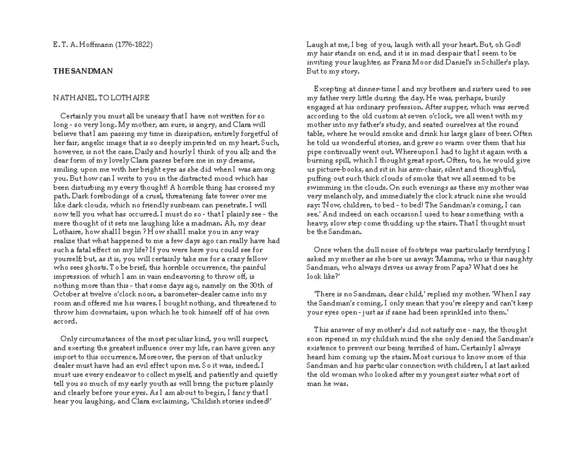 The Sandman-ETA Hoffmann - E. T. A. Hoffmann (1776-1822) THE SANDMAN ...