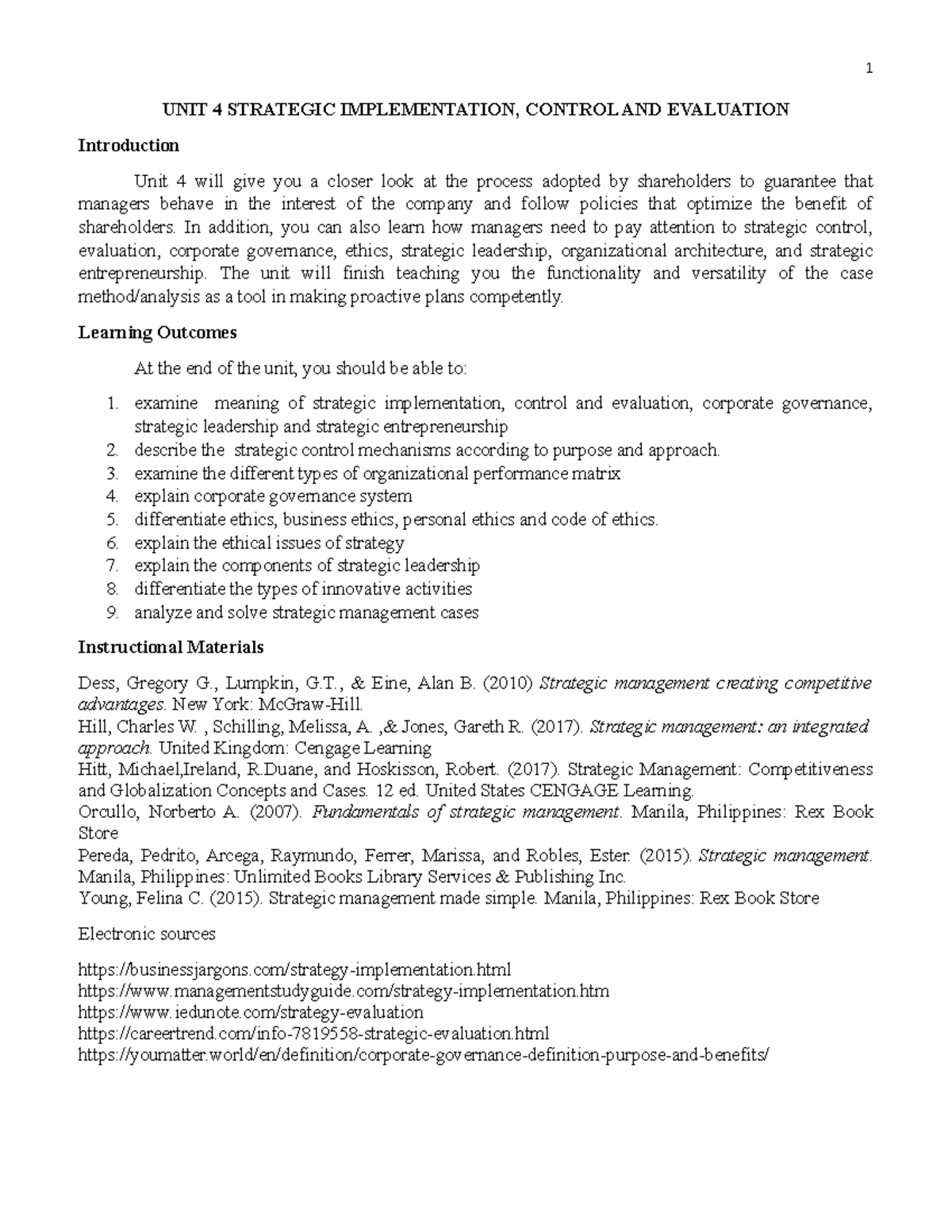 UNIT 4 Strategic Implementation AND Control - UNIT 4 STRATEGIC ...