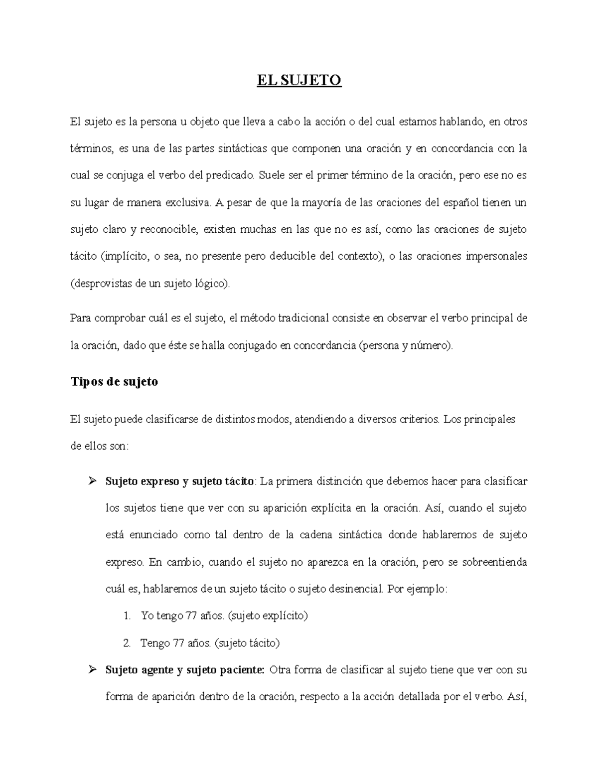 EL Sujeto - EL SUJETO El sujeto es la persona u objeto que lleva a cabo ...