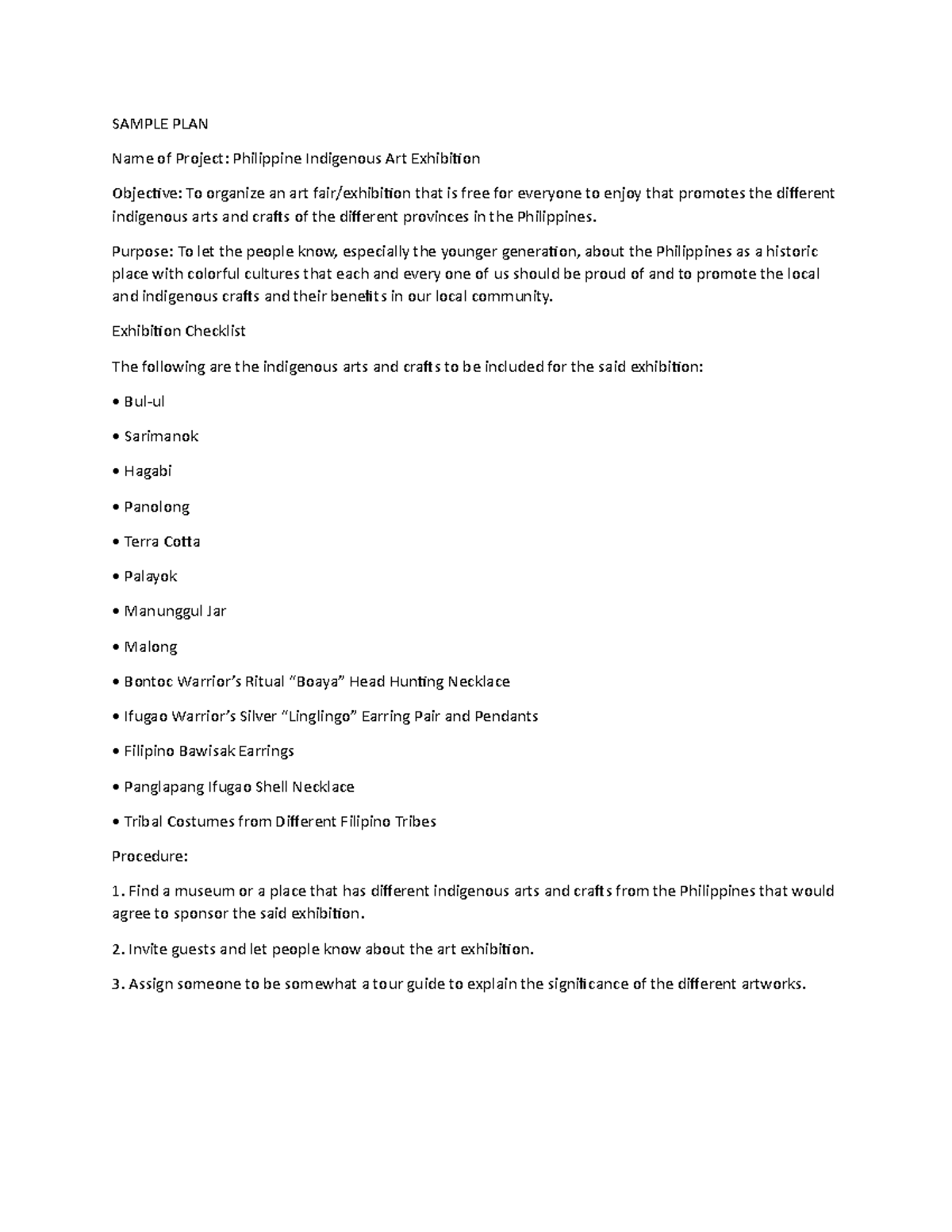 Sample PLAN - SAMPLE PLAN Name of Project: Philippine Indigenous Art ...