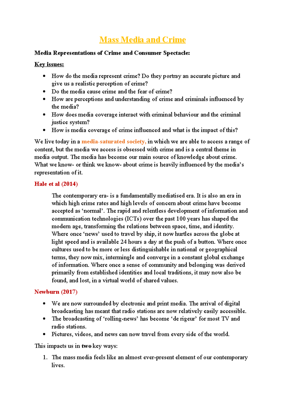 Revision Sheet- Mass Media & Crime - Mass Media and Crime Media ...