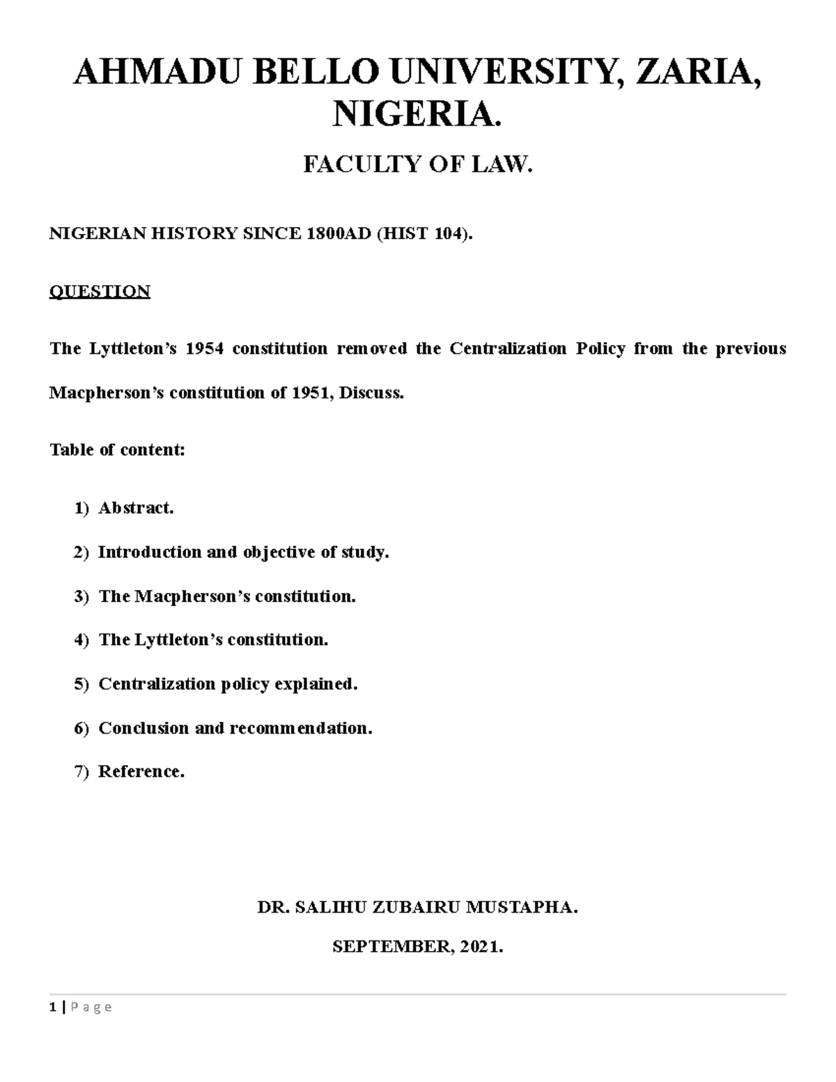 History assingment second semester 100l - AHMADU BELLO UNIVERSITY ...