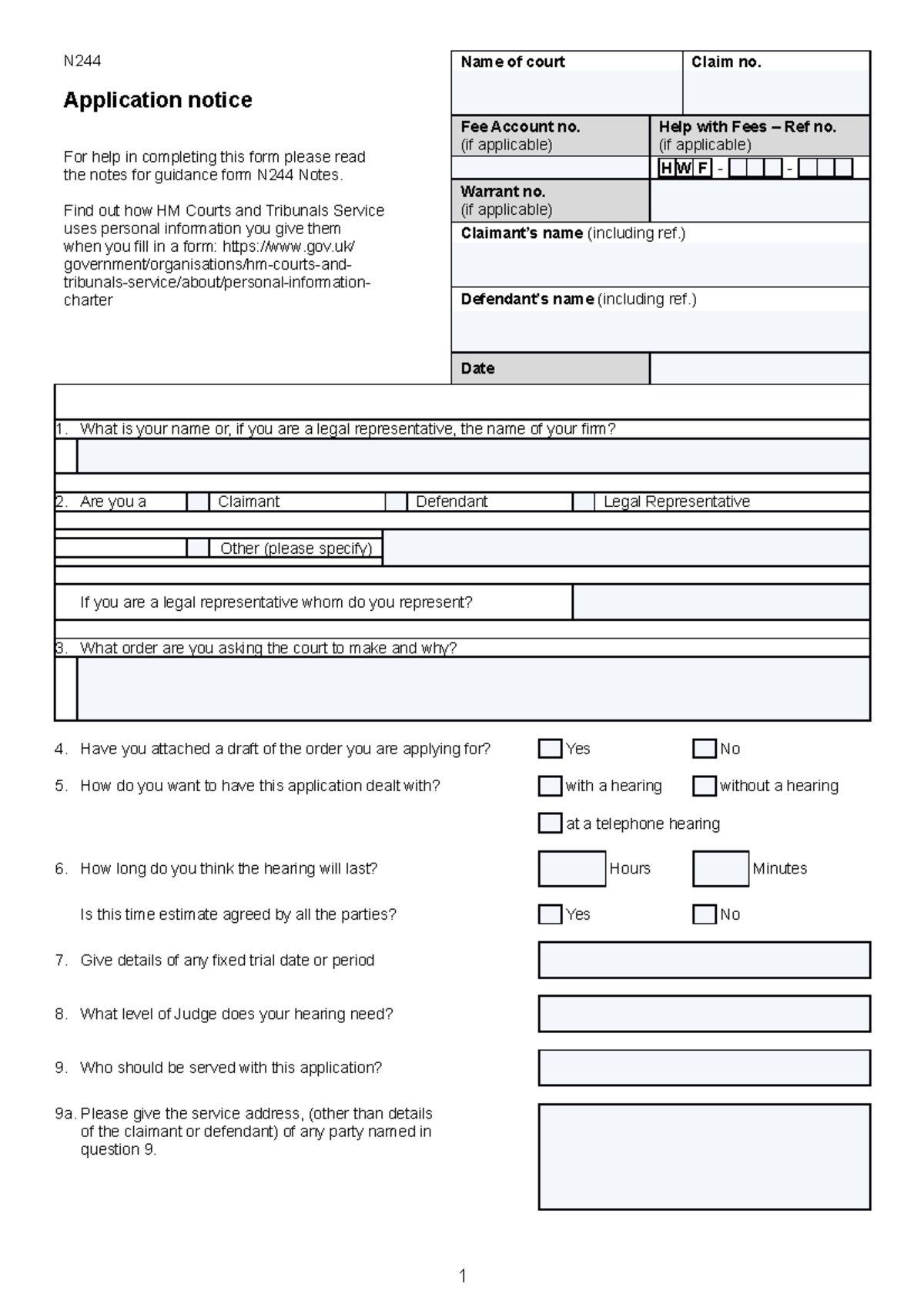 Blank Application Notice Form N244 - N Application notice For help in ...