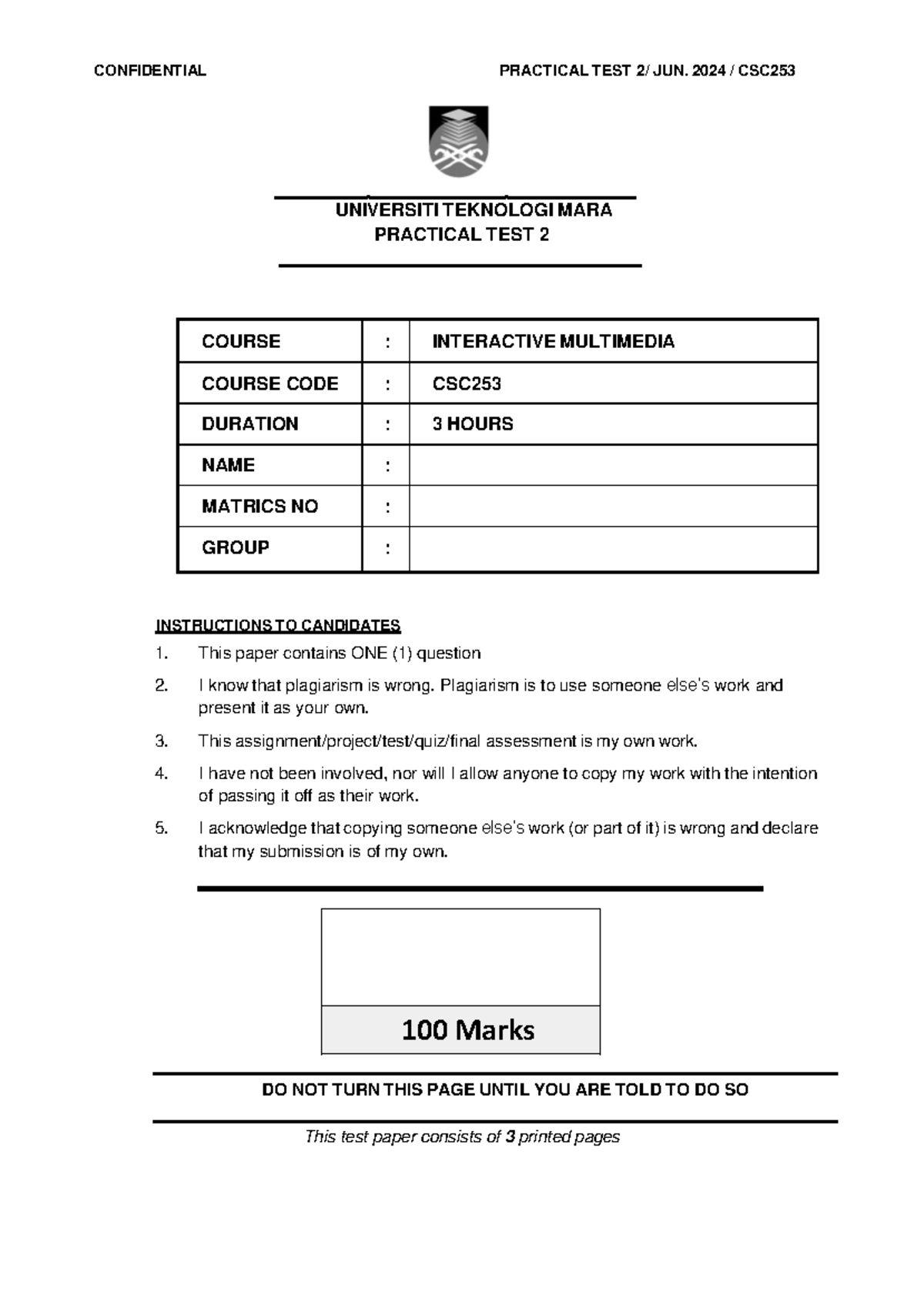 CSC253 Practical Test 2 Question - CONFIDENTIAL PRACTICAL TEST 2/ JUN ...