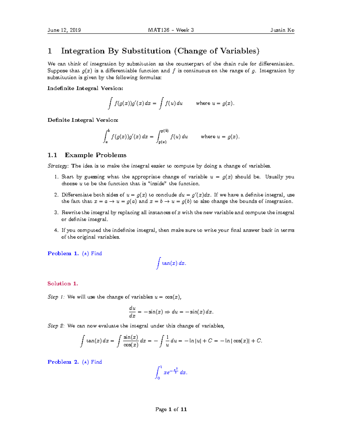 Integration change of variables - 1 Integration By Substitution (Change of Variables) We can ...
