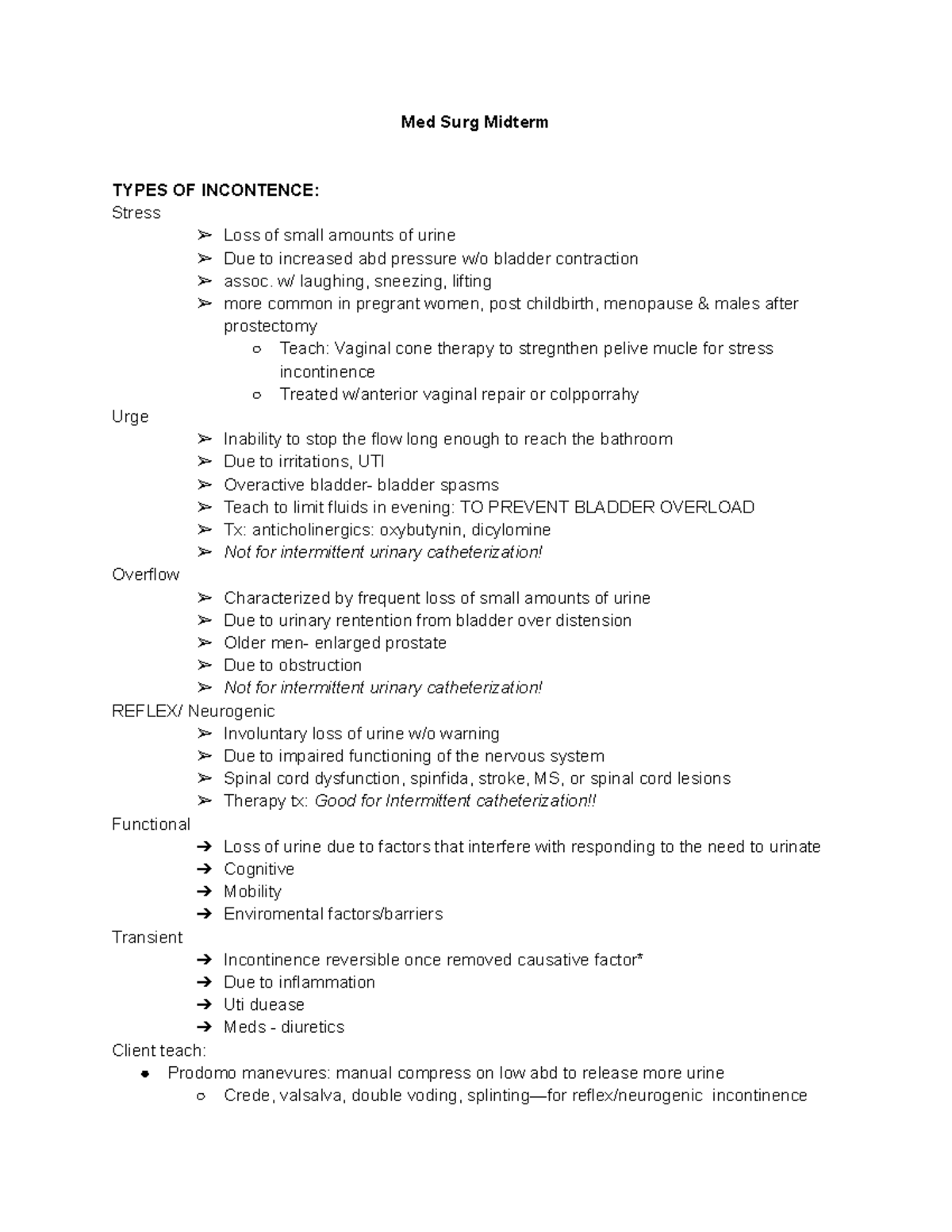 GU Fluids Electrolytes - Med Surg Midterm TYPES OF INCONTENCE: Stress ...