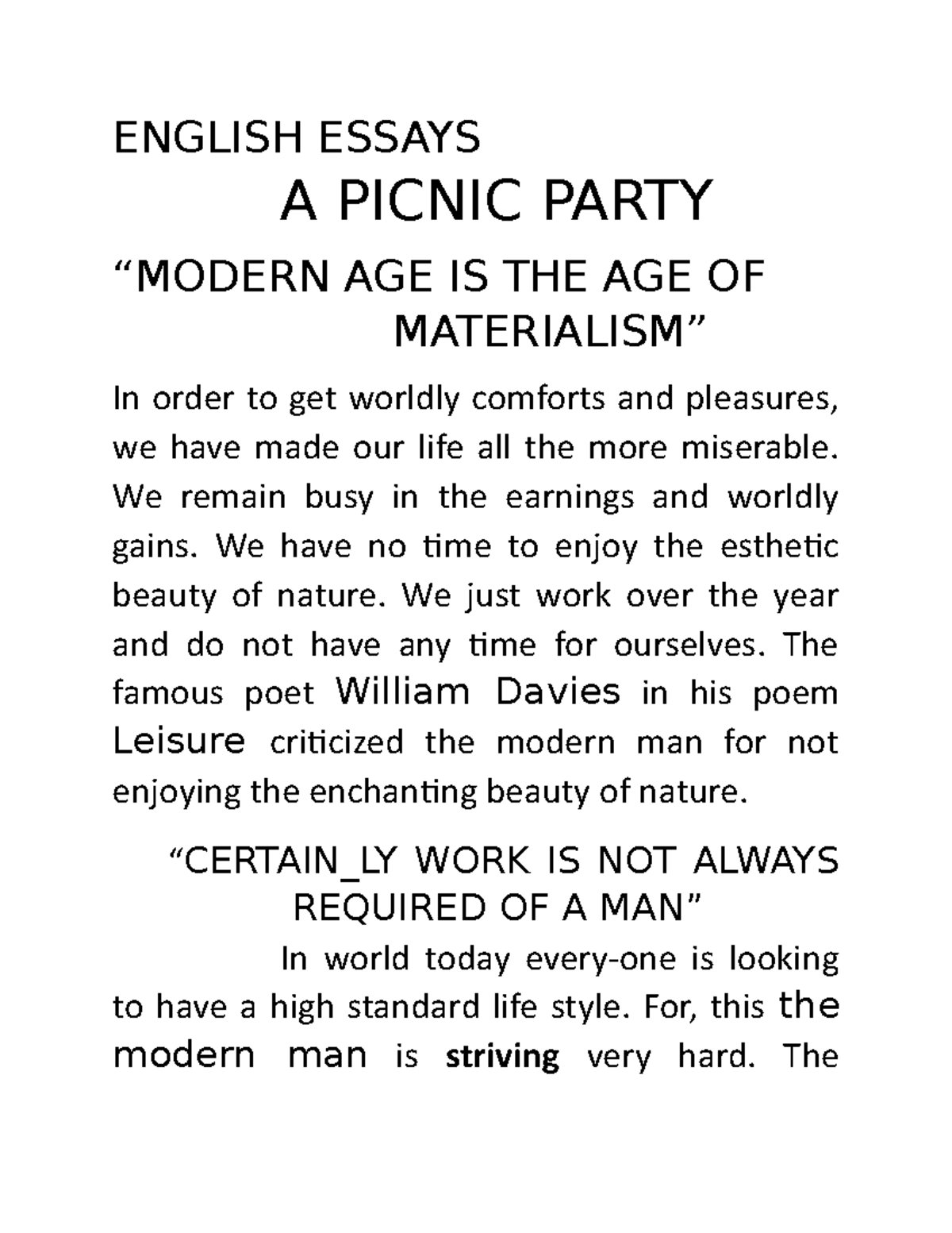 eng - Lecture notes 123 - ENGLISH ESSAYS A PICNIC PARTY “MODERN AGE IS ...