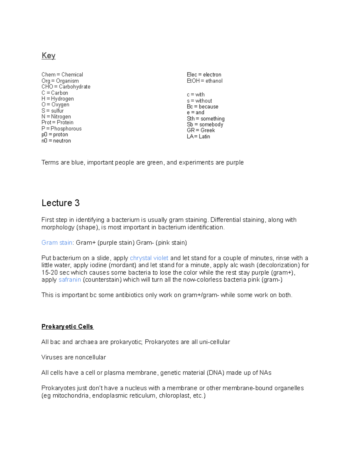BIOL246 Lecture 3 - Key Chem = ChemicalOrg = Organism CHO ...