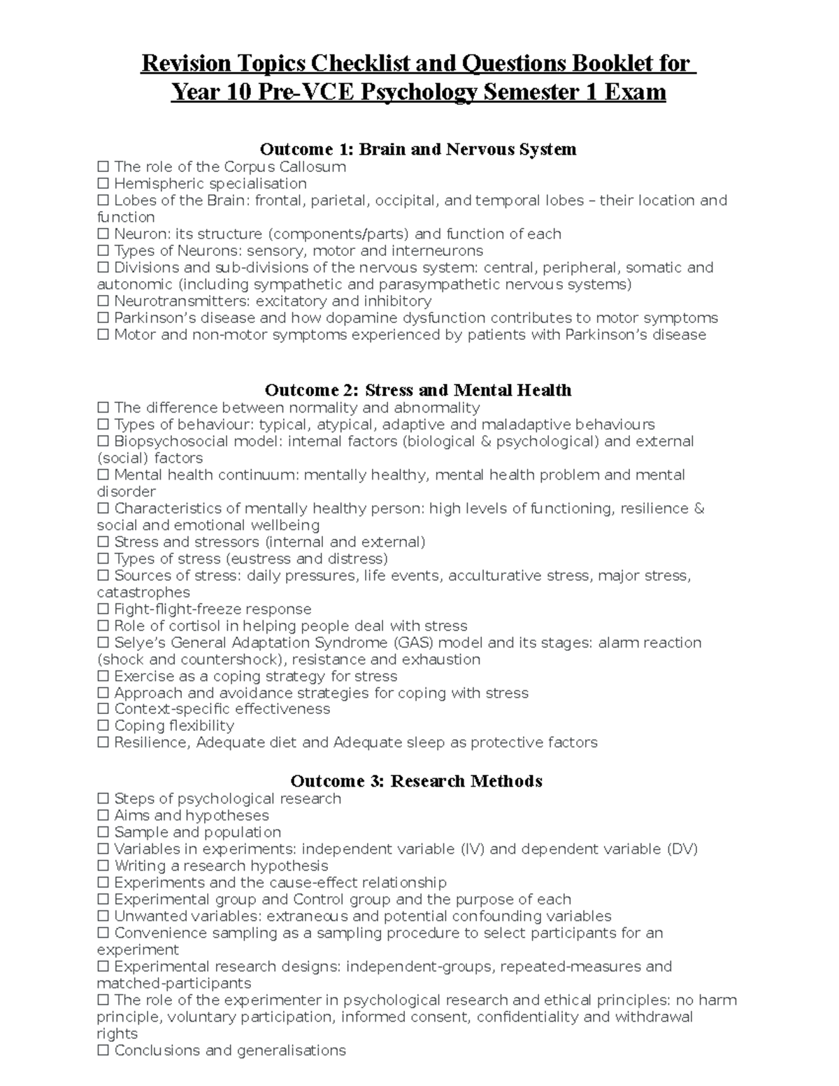 Revision exam-2 - Revision Topics Checklist and Questions Booklet for ...
