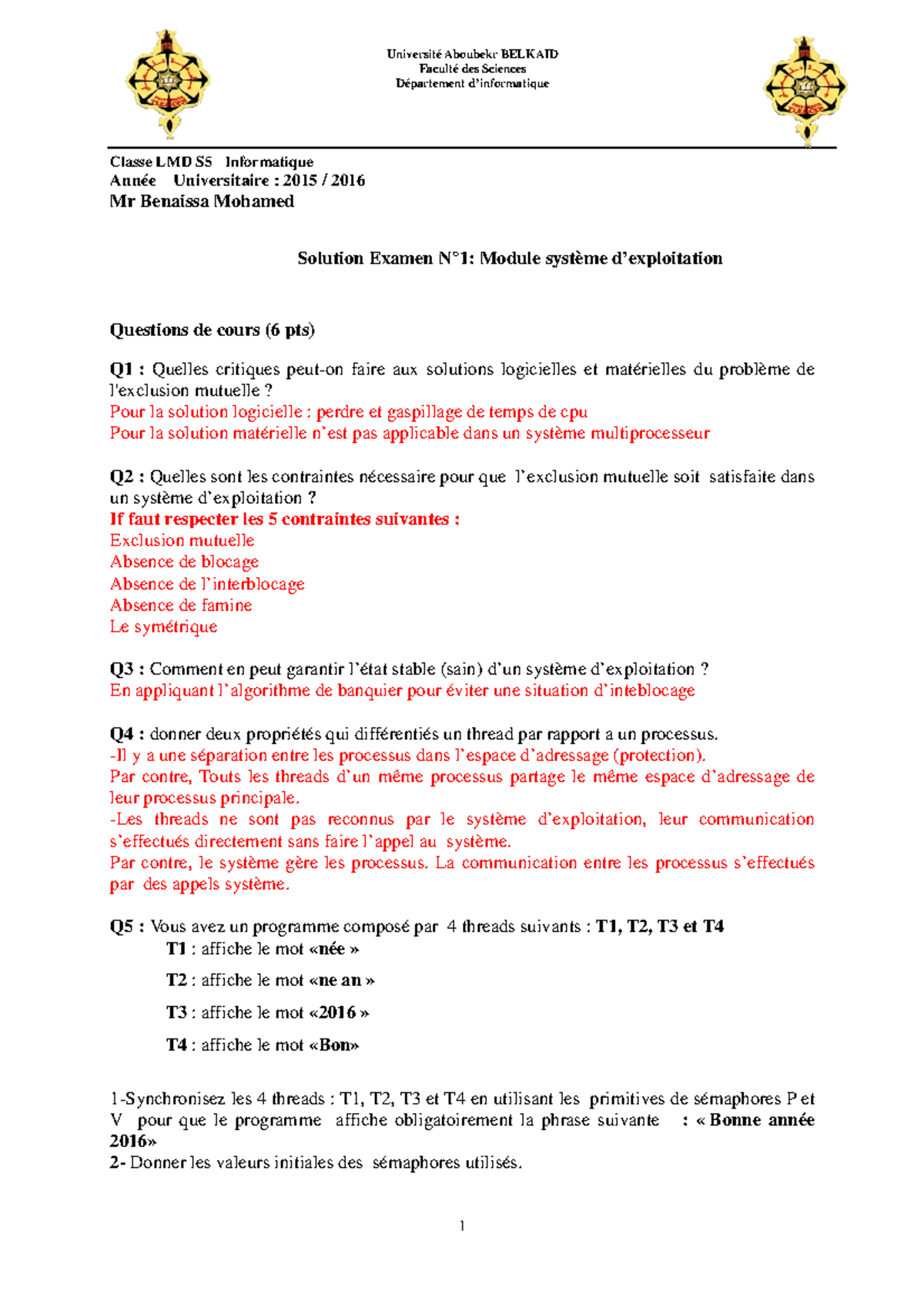 Examen 7 Système Dexploitation 2 Classe Lmd S5 Informatique Année