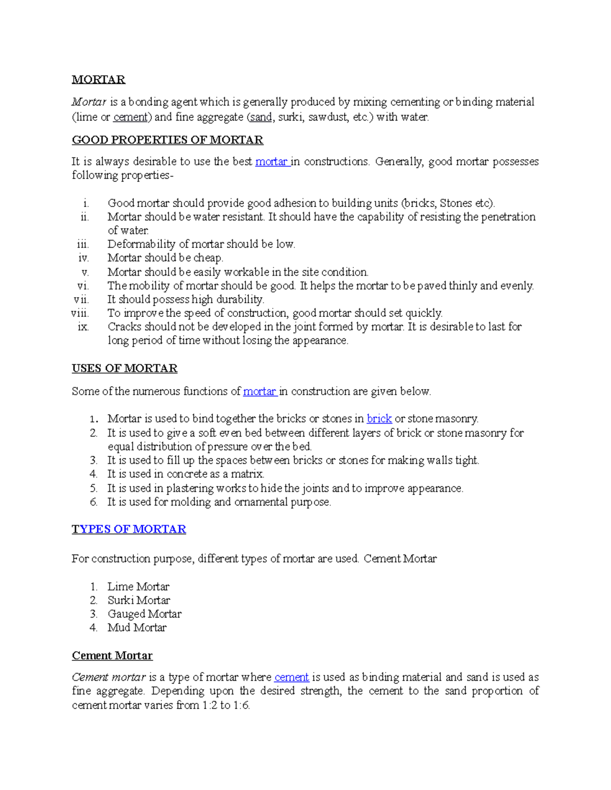 Mortar - Notes - MORTAR Mortar is a bonding agent which is generally ...