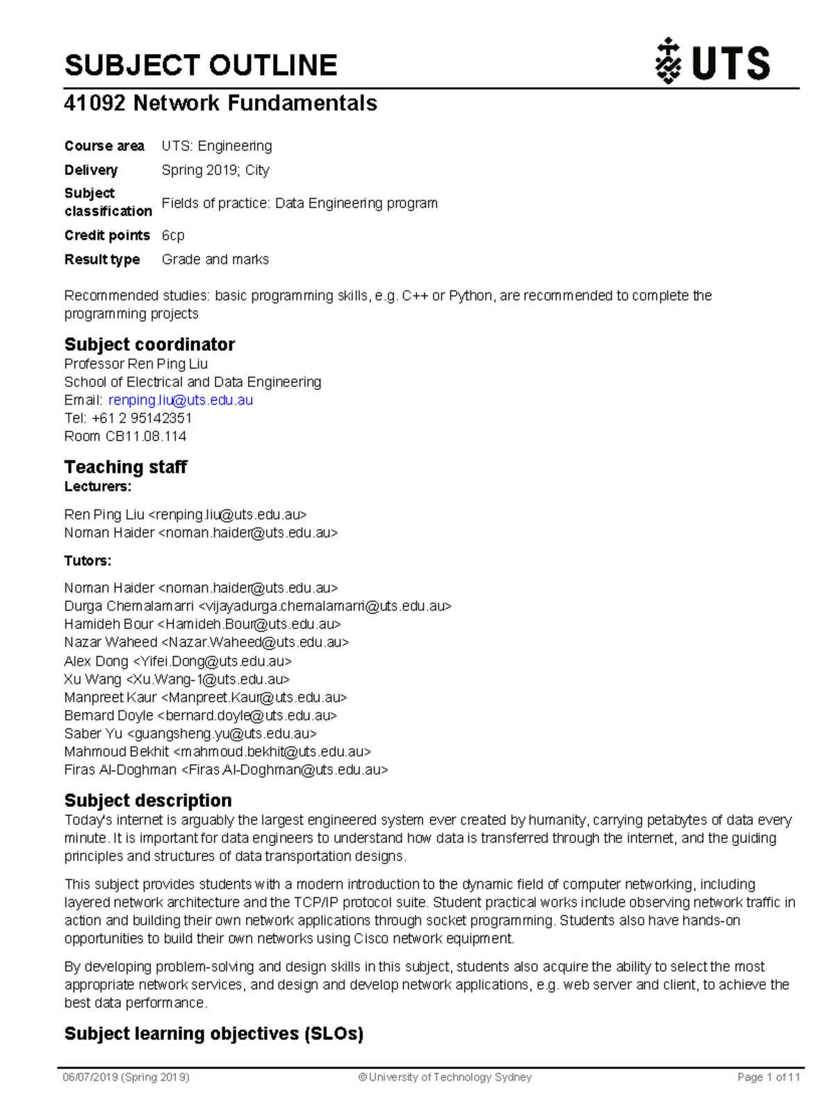 Networking Subject Outline - SUBJECT OUTLINE 41092 Network Fundamentals ...