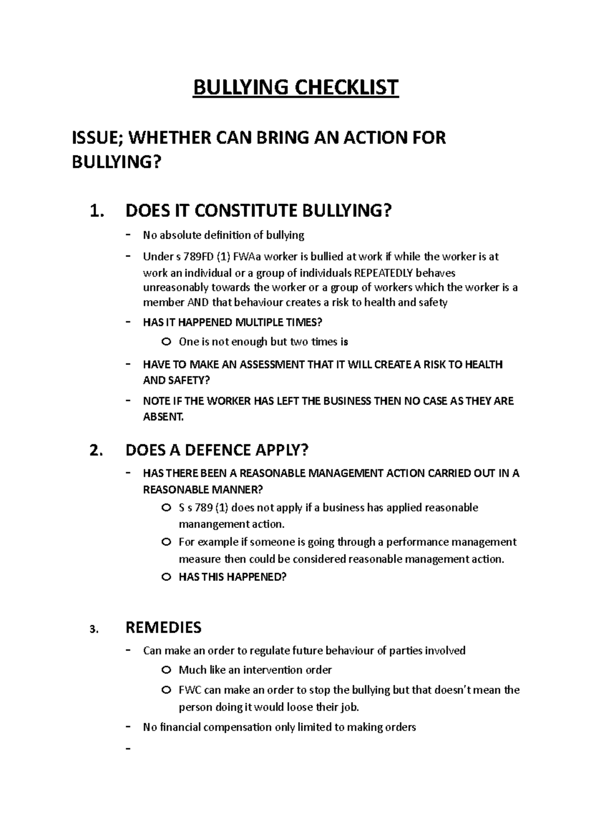 Bullying Checklist- employment law - BULLYING CHECKLIST ISSUE; WHETHER ...
