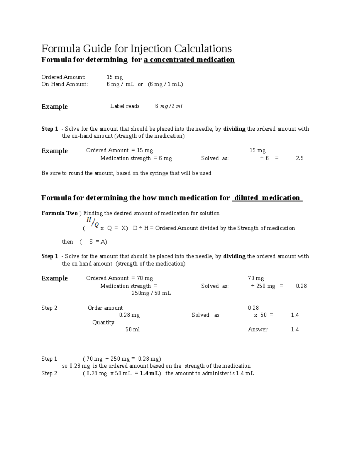 ALH 105 Inj Formula sheet - Formula Guide for Injection Calculations ...
