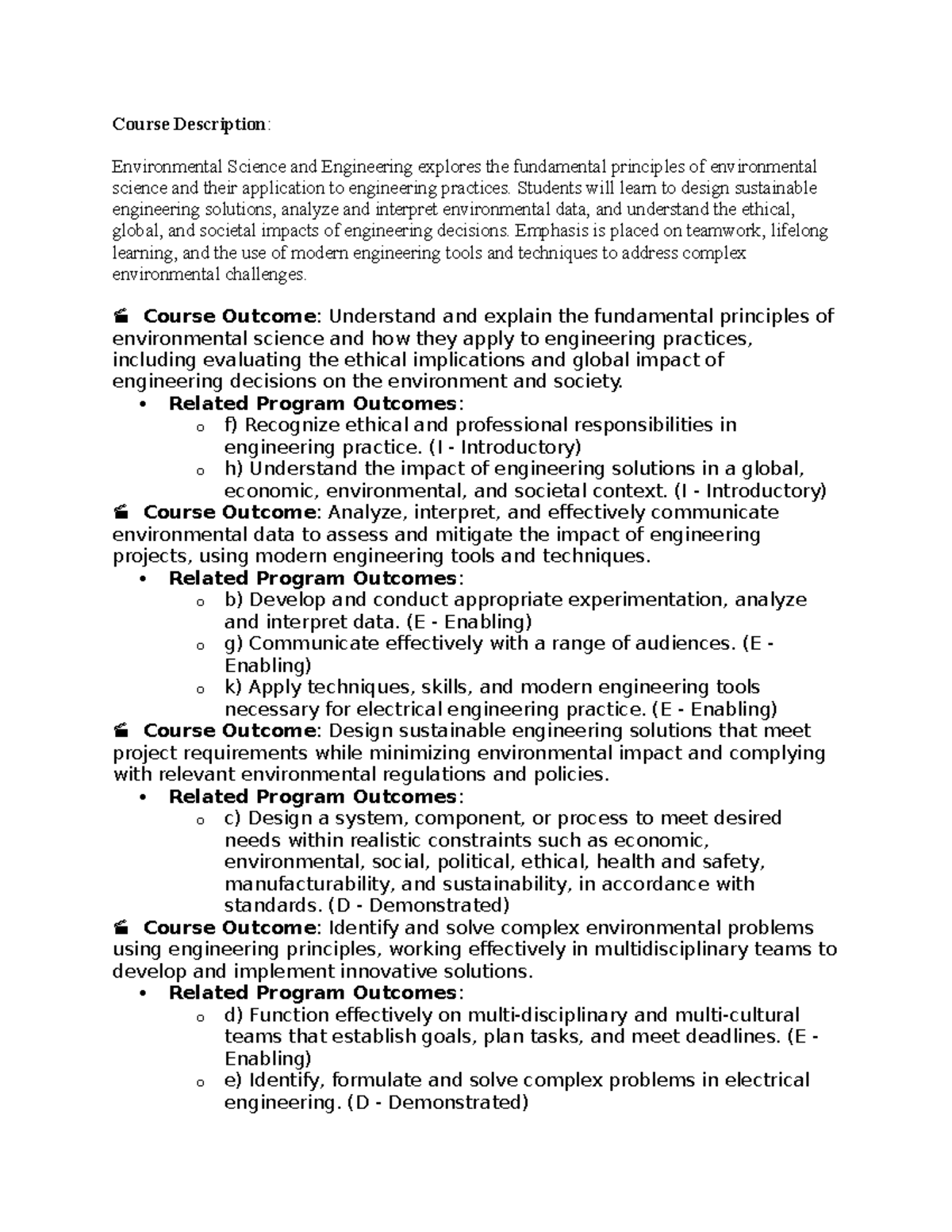 Environmental Science and Engineering - Course Description ...