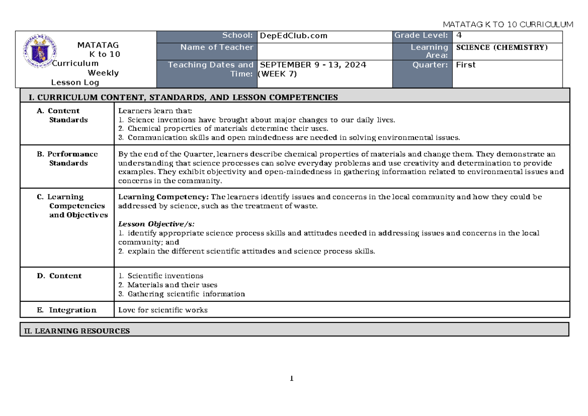 DLL Science 4 Q1 W7 - aaaaaa - MATATAG K to 10 Curriculum Weekly Lesson ...
