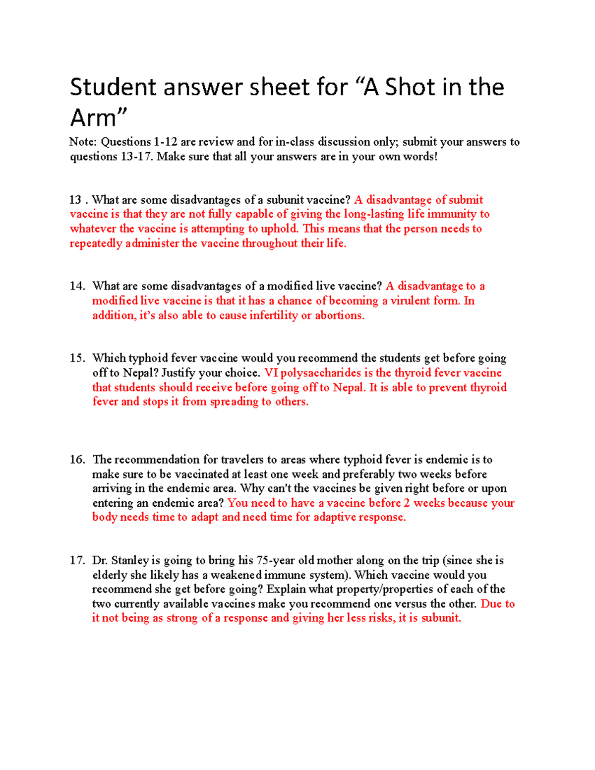 Student answer sheet for a shot in the arm - Tagged - Student answer ...