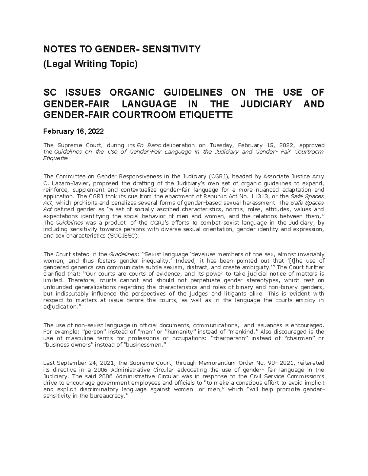 Sensitivity - Gender Notes 1 - NOTES TO GENDER- SENSITIVITY (Legal ...