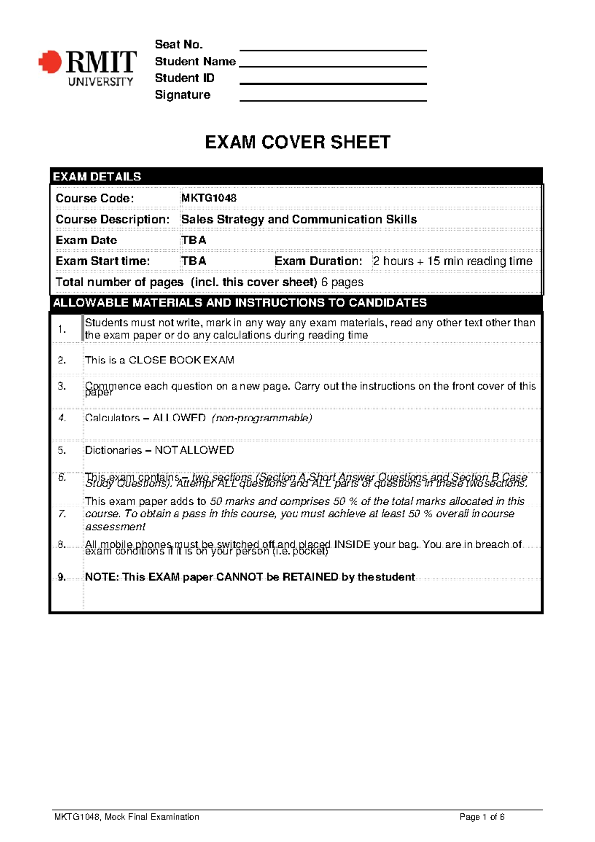 Mockup Exam 2019 , 2-1 - Seat No. Student Name Student ID Signature ...