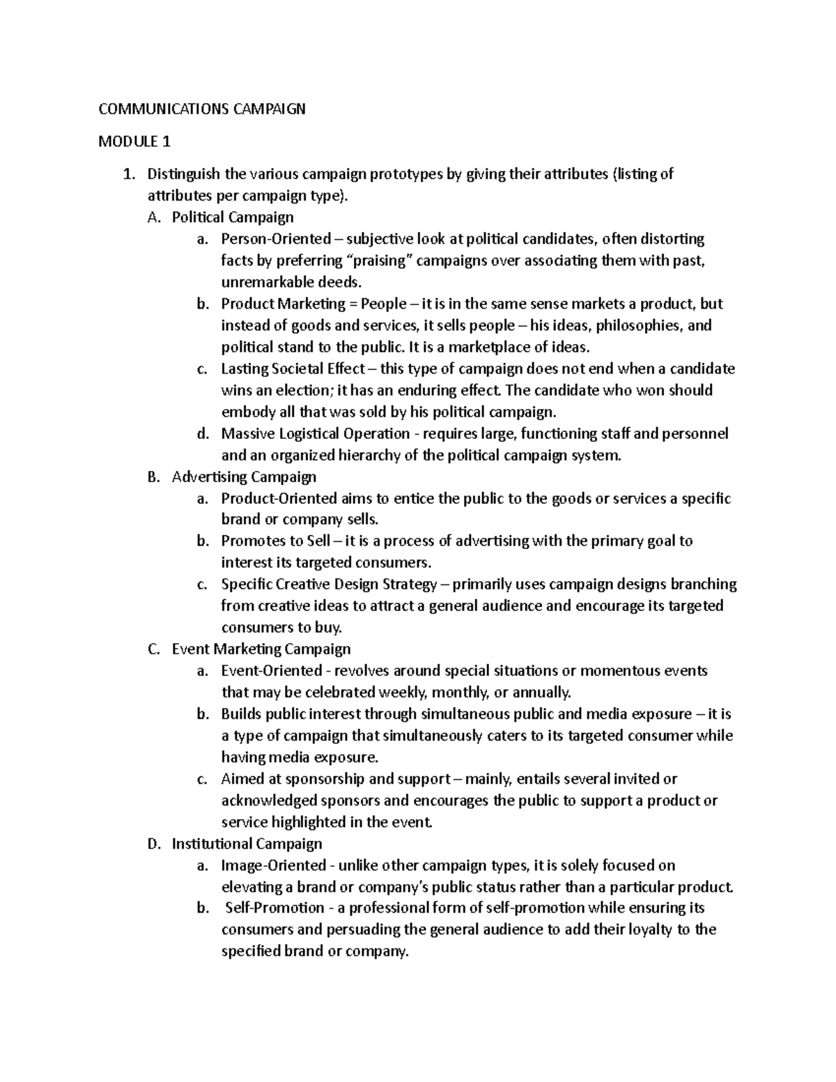 Activity 1 CC - Lecture notes 1 - COMMUNICATIONS CAMPAIGN MODULE 1 ...
