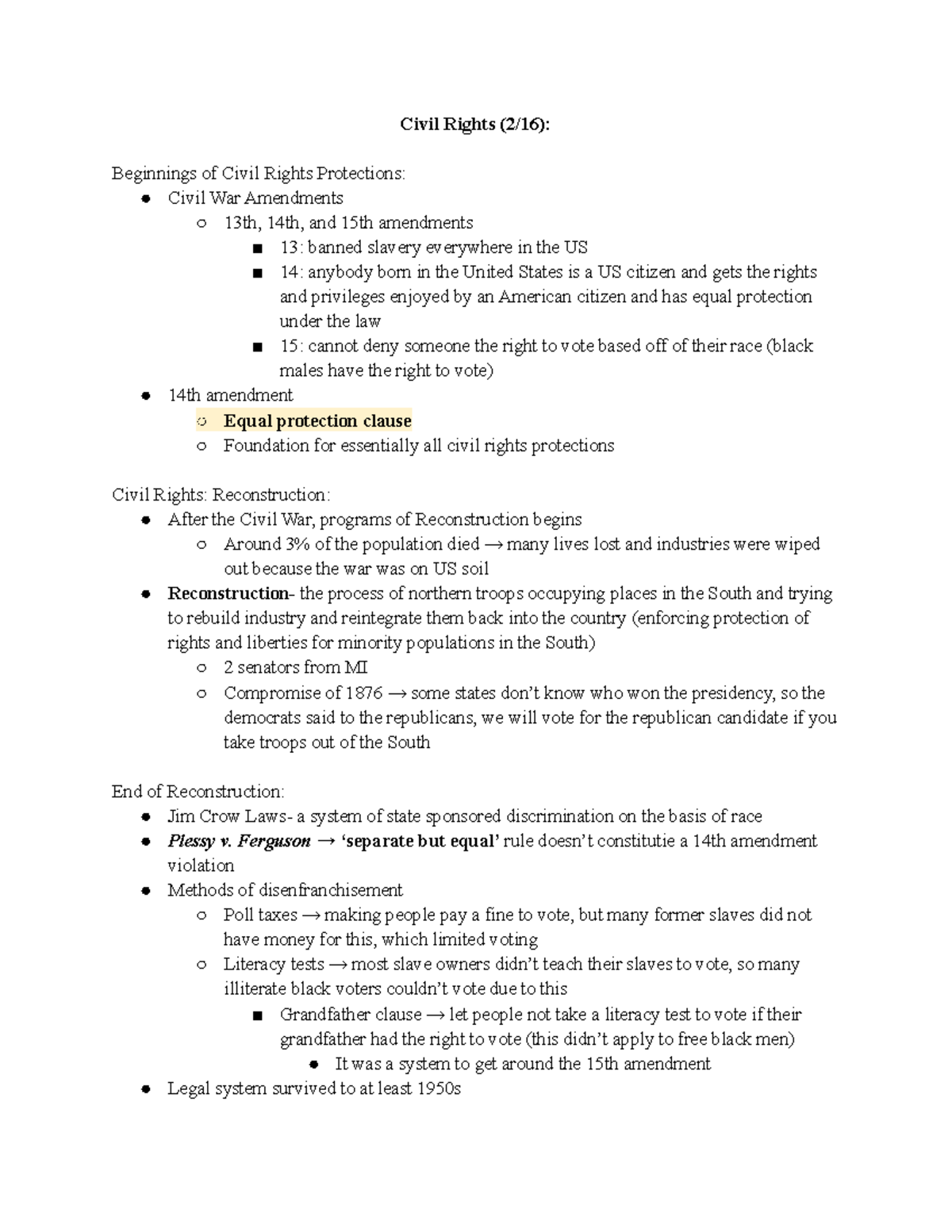 American Government Notes - Civil Rights (2/16): Beginnings of Civil ...