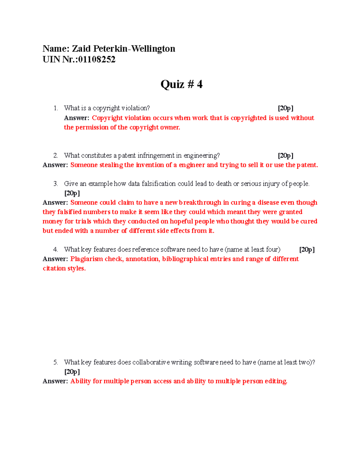 Quiz-4 - Quiz on copyright violations - Name: Zaid Peterkin-Wellington ...