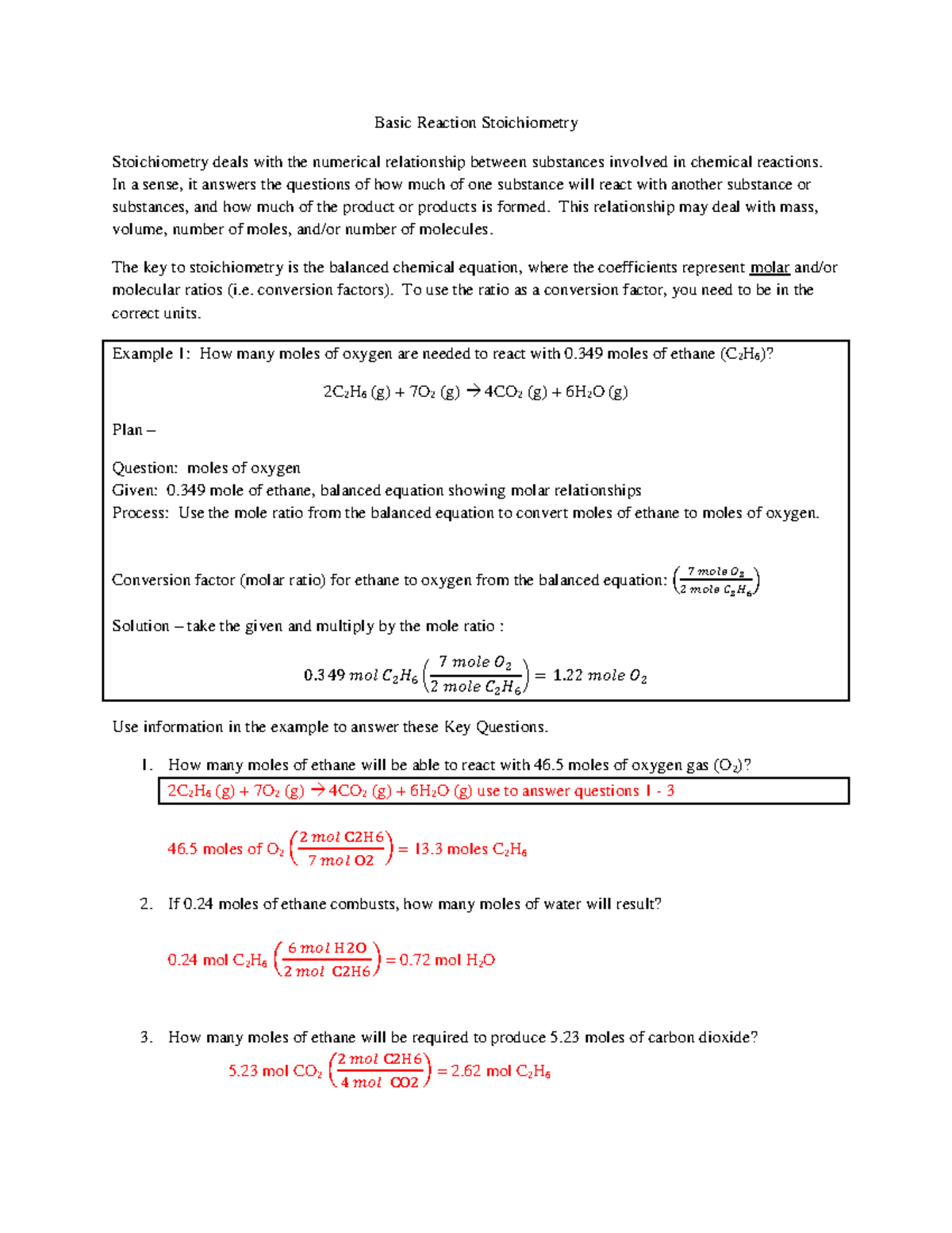7.g Reaction Stoichiometry Key - Basic Reaction Stoichiometry ...