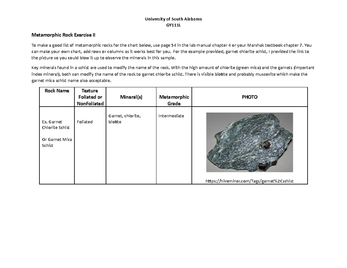 Lab Assignment - Meta Rx Id - GY111L Metamorphic Rock Exercise II To ...