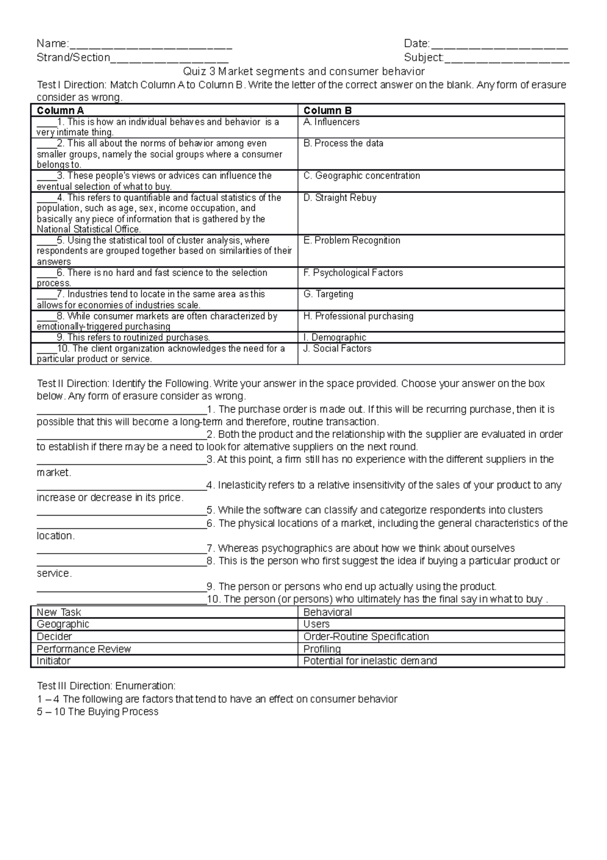3rd quiz Market segments and consumer behavior - Name ...