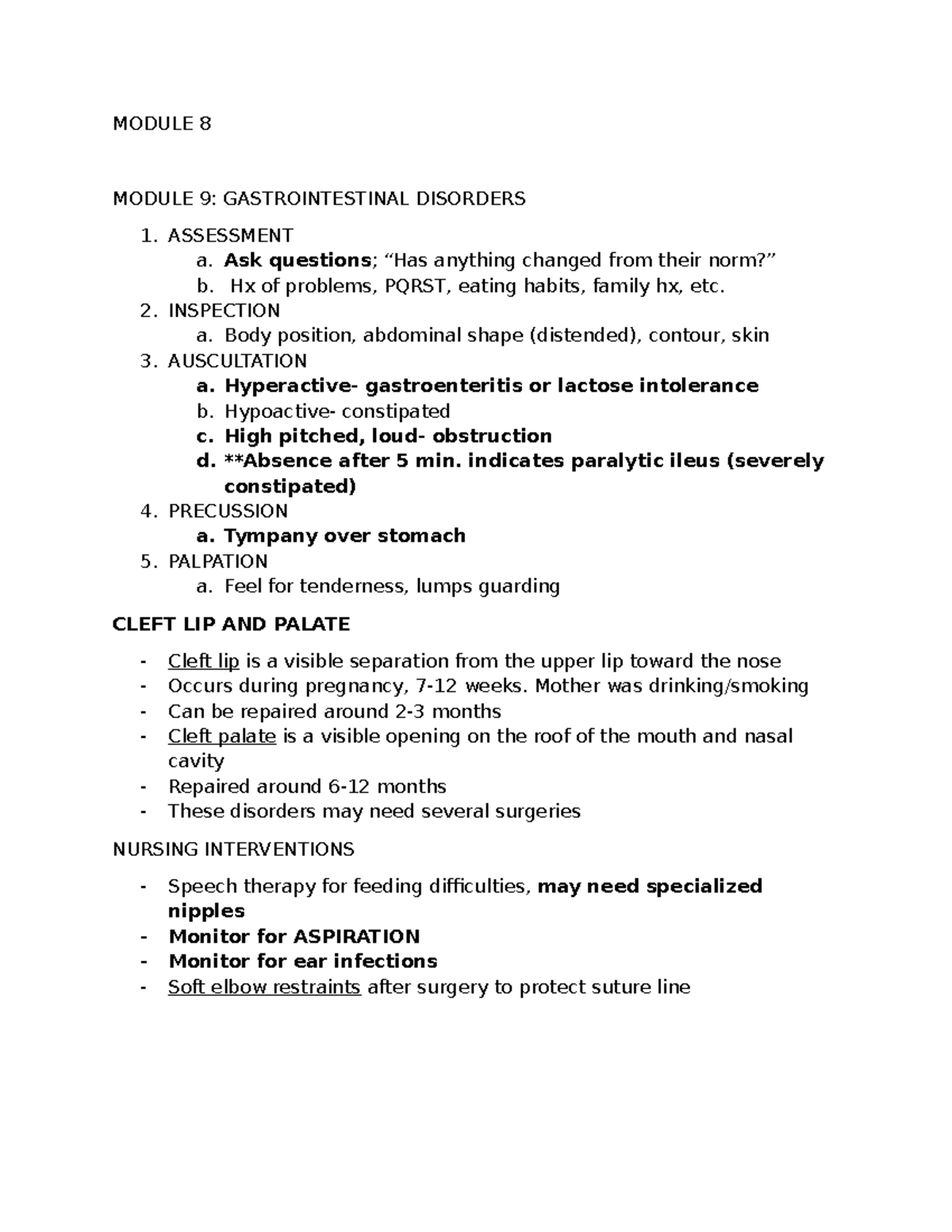 PEDS EXAM 4 - MODULE 8 MODULE 9: GASTROINTESTINAL DISORDERS 1 ...