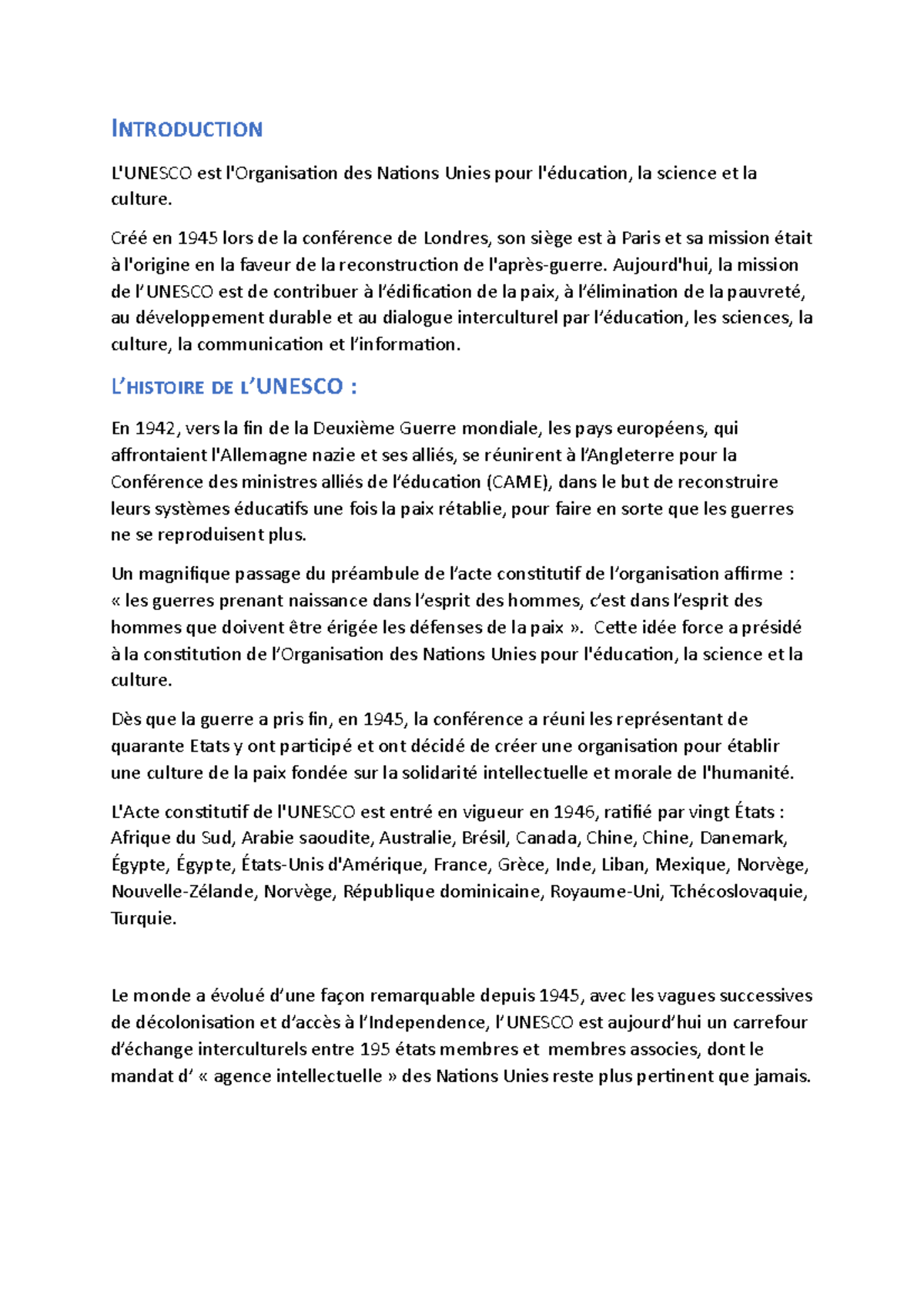 Resume Unesco - INTRODUCTION L'UNESCO est l'Organisation des Nations ...