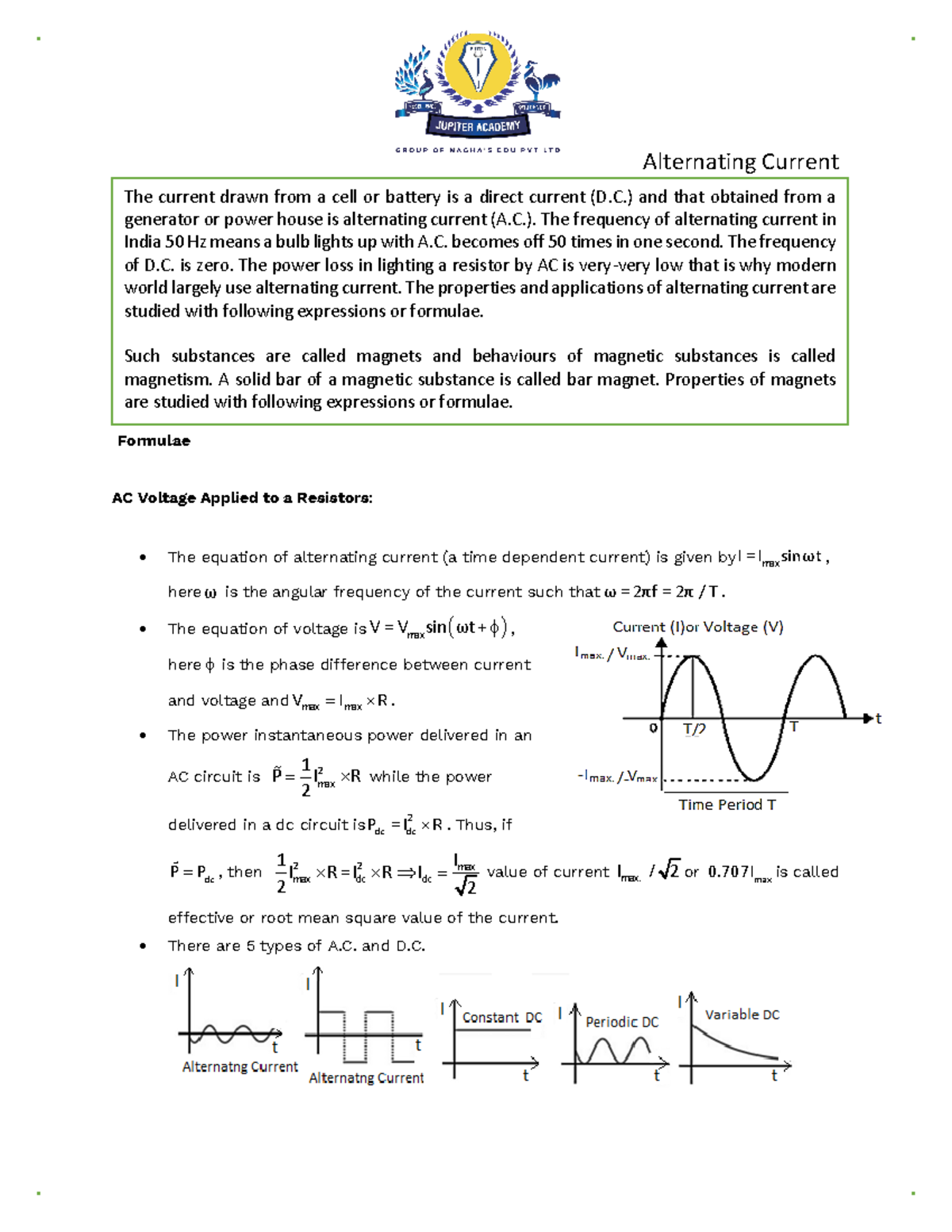 Formula Sheet Alternating Current - Alternating Current Formulae AC ...