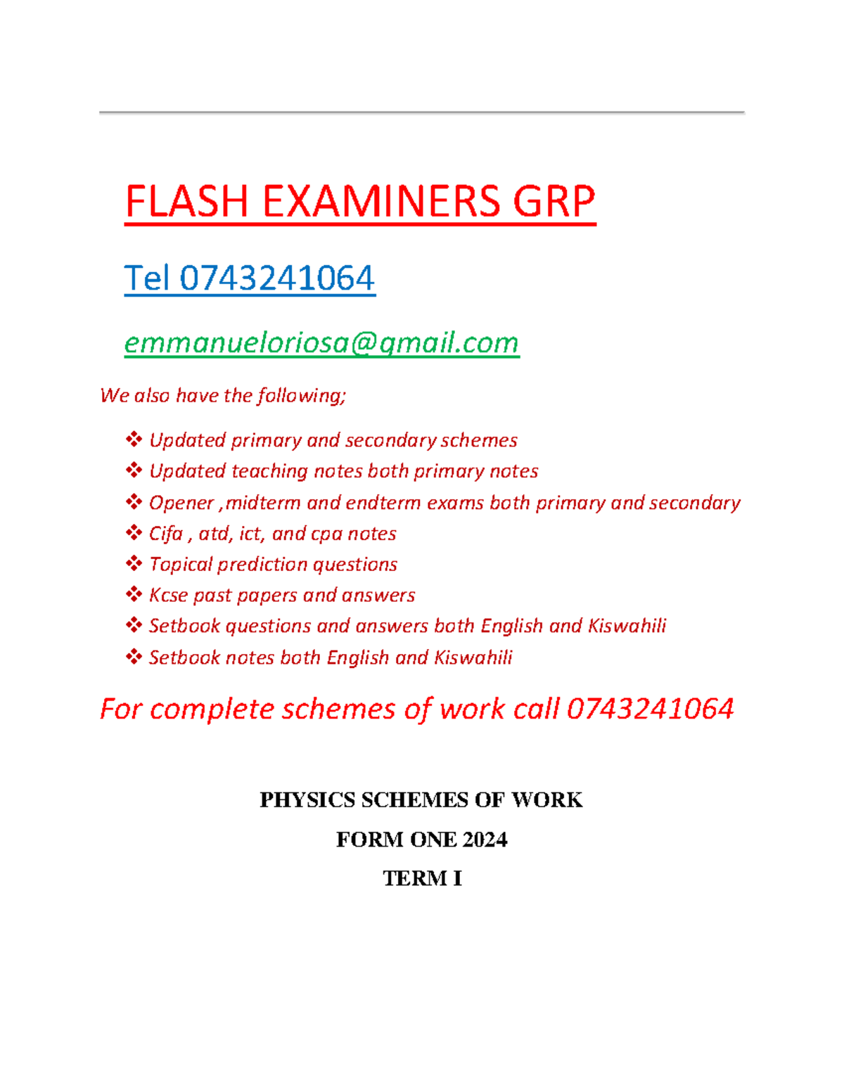 Phyc sow - Summary Physics - FLASH EXAMINERS GRP Tel 0743241064 ...