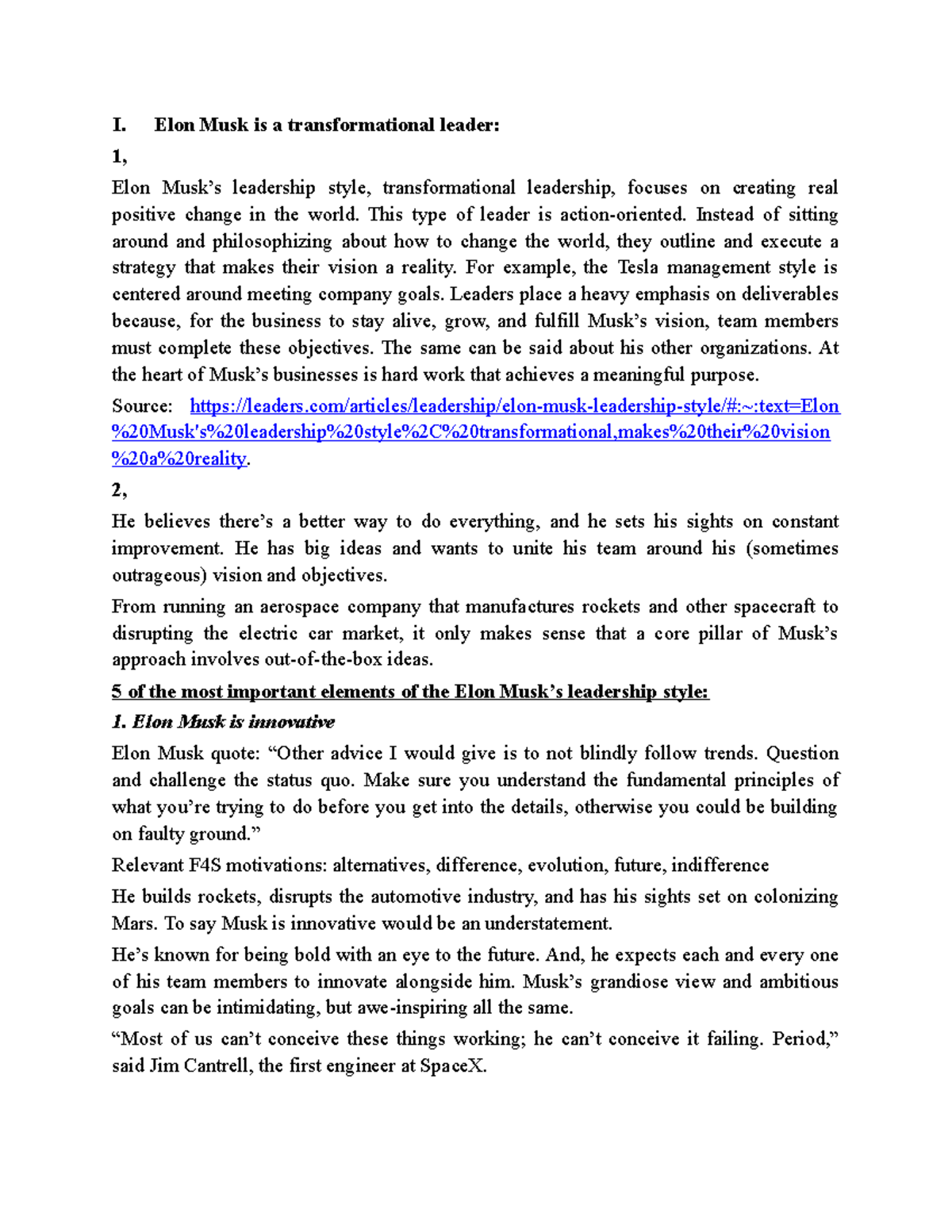 Elon Musk leadership style - I. Elon Musk is a transformational leader ...