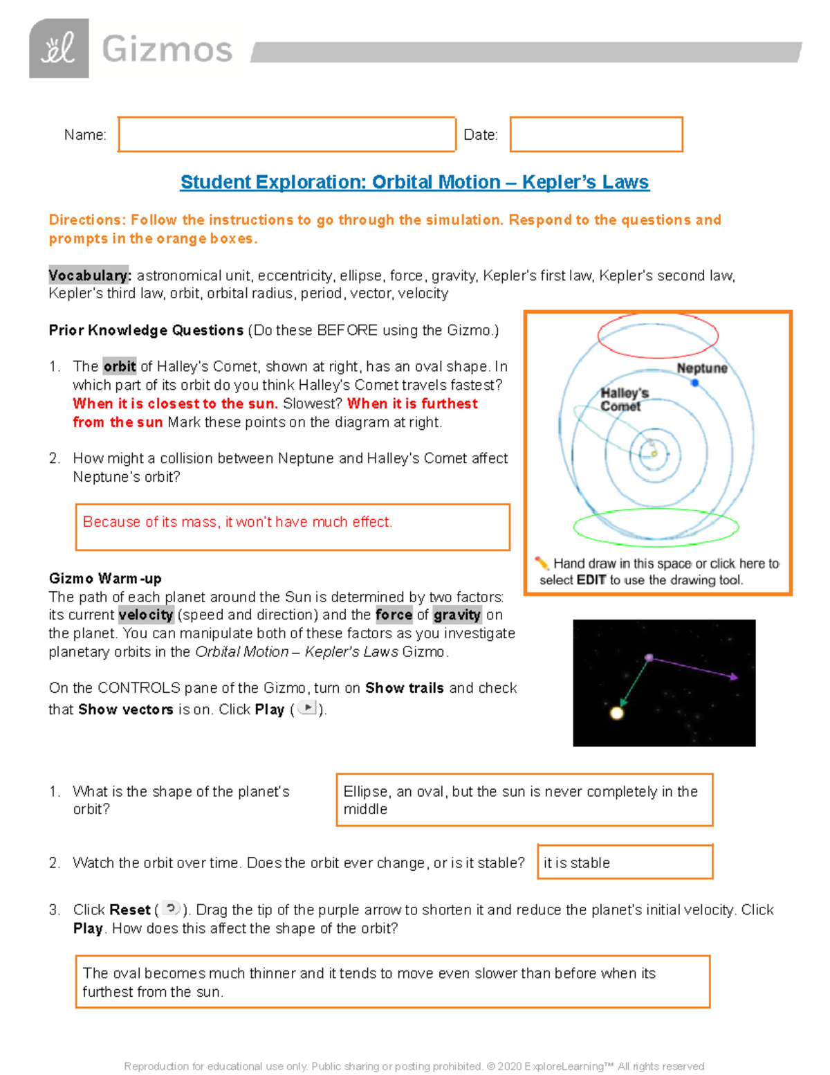 Kepler's Law Gizmos - Name: Date: Student Exploration: Orbital Motion ...