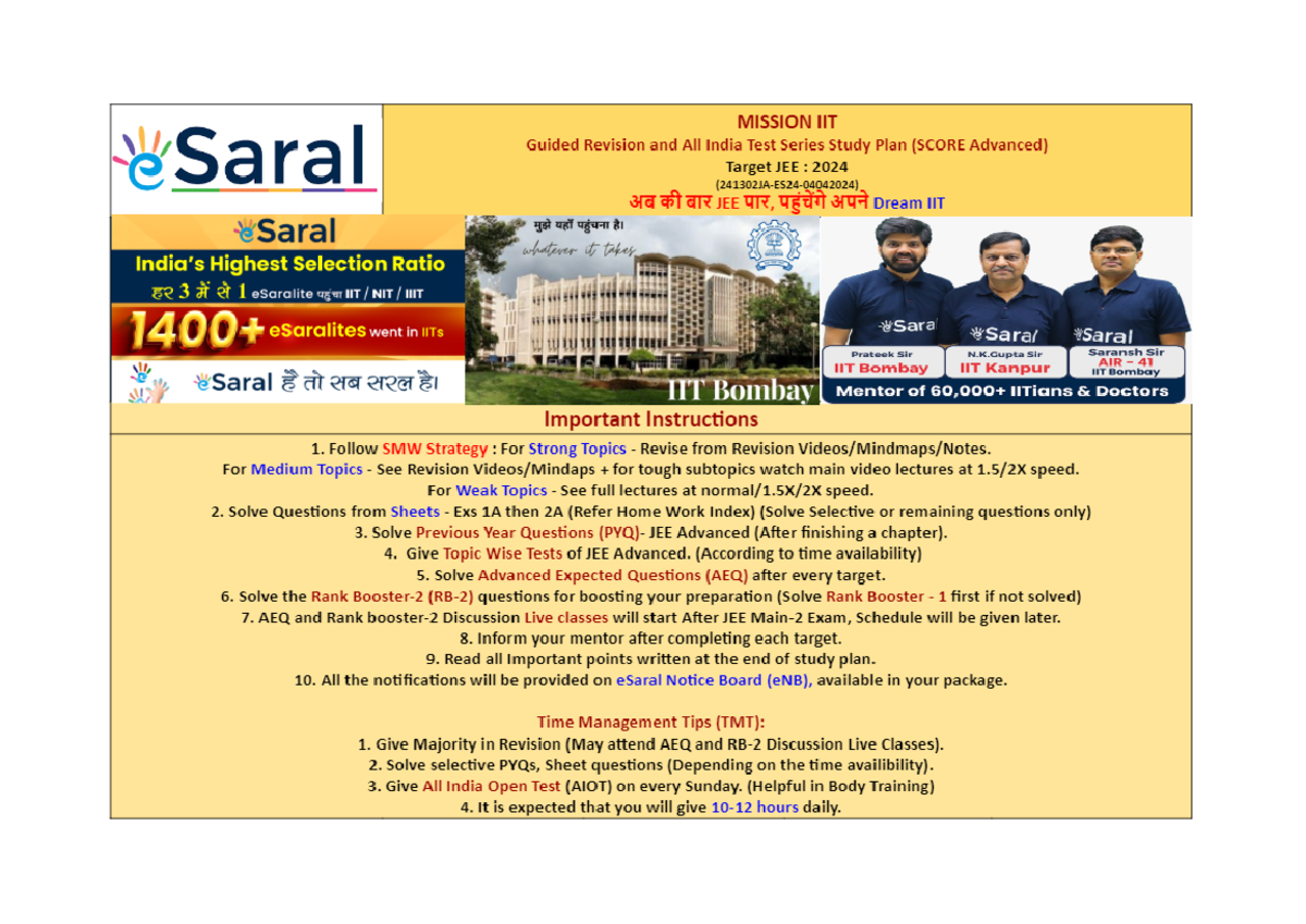 Mission IIT-Guided Revision and Score Advanced 2024 Study Plan - MISSION IIT Saral Guided ...