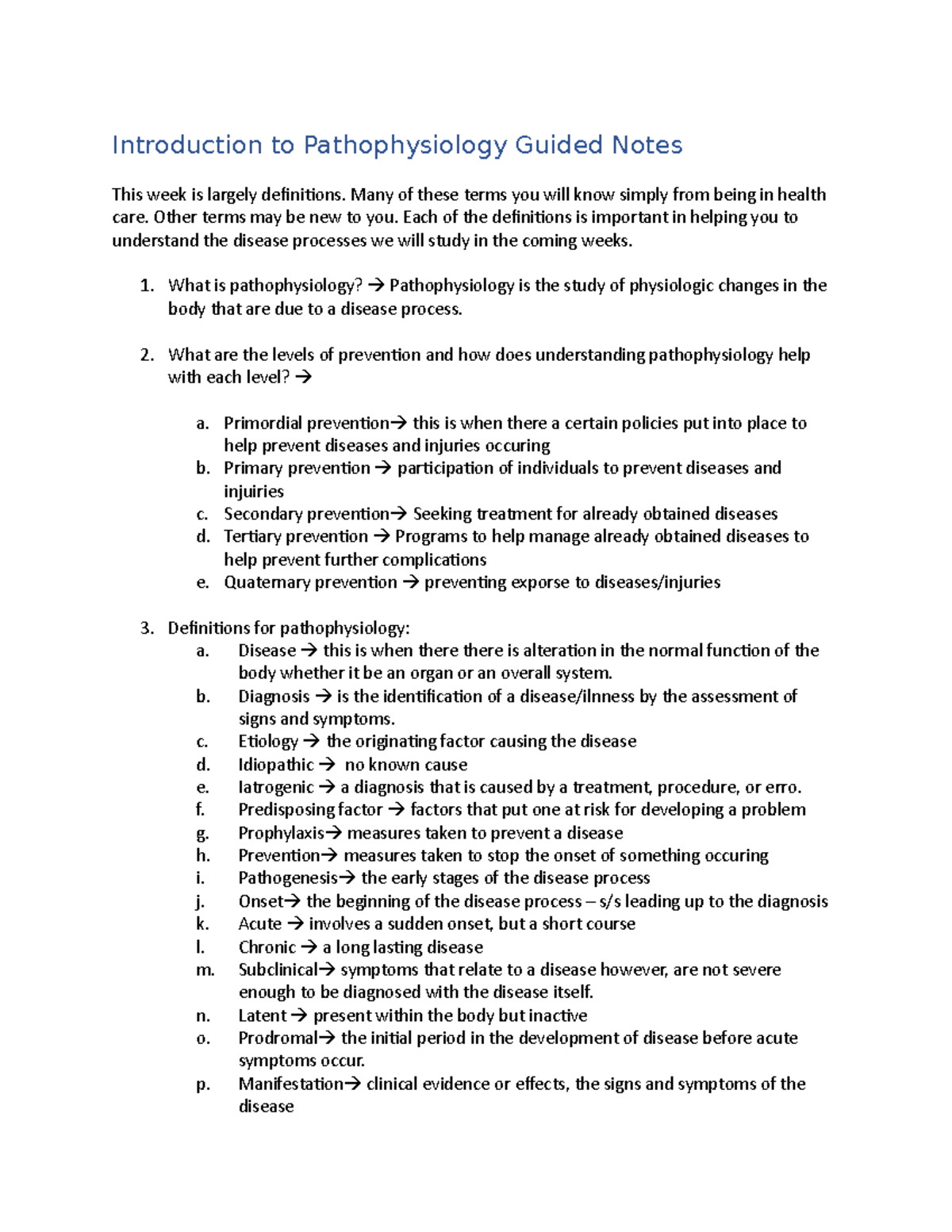 Week 1 guided notes SL - Introduction to Pathophysiology Guided Notes ...