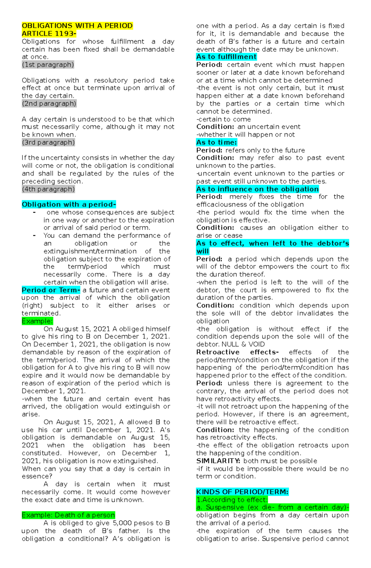 Oblicon Midterms Reviewer - OBLIGATIONS WITH A PERIOD ARTICLE 1193 ...