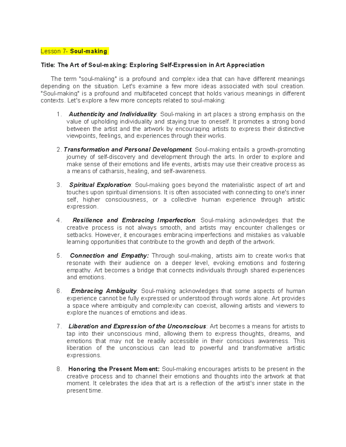 Lesson 7 Soul Making - Lesson 7- Soul-making Title: The Art of Soul ...