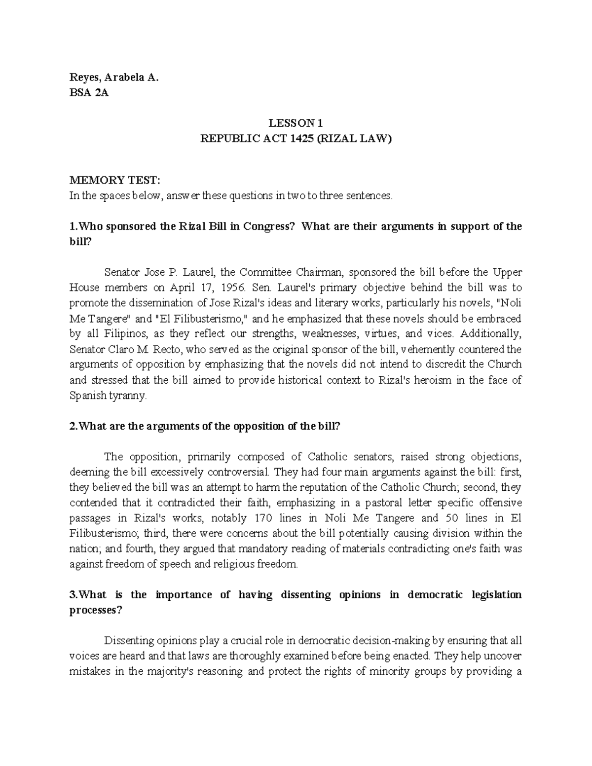 Rizal module final - Reyes, Arabela A. BSA 2A LESSON 1 REPUBLIC ACT ...
