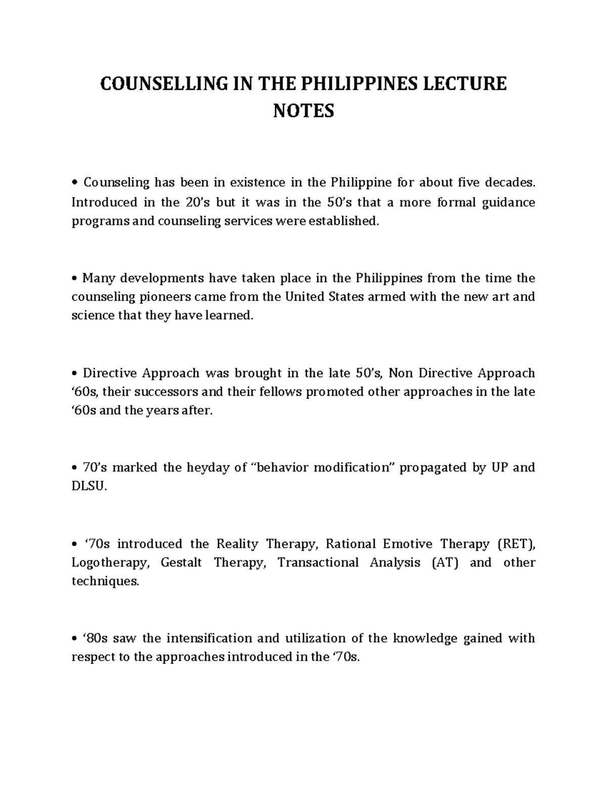 Counselling in the Philippines Lecture Notes - COUNSELLING IN THE ...
