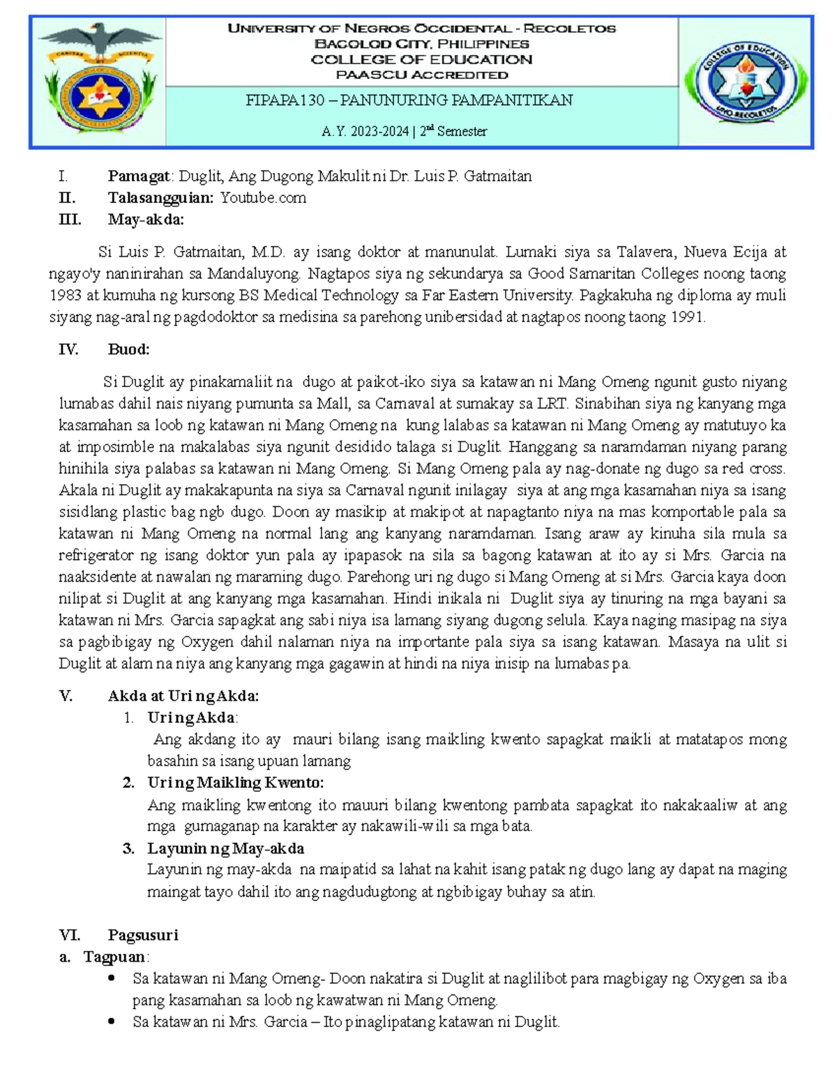 Duglit-Ang Dugong Makulit - FIPAPA130 – PANUNURING PAMPANITIKAN A. 2023 ...