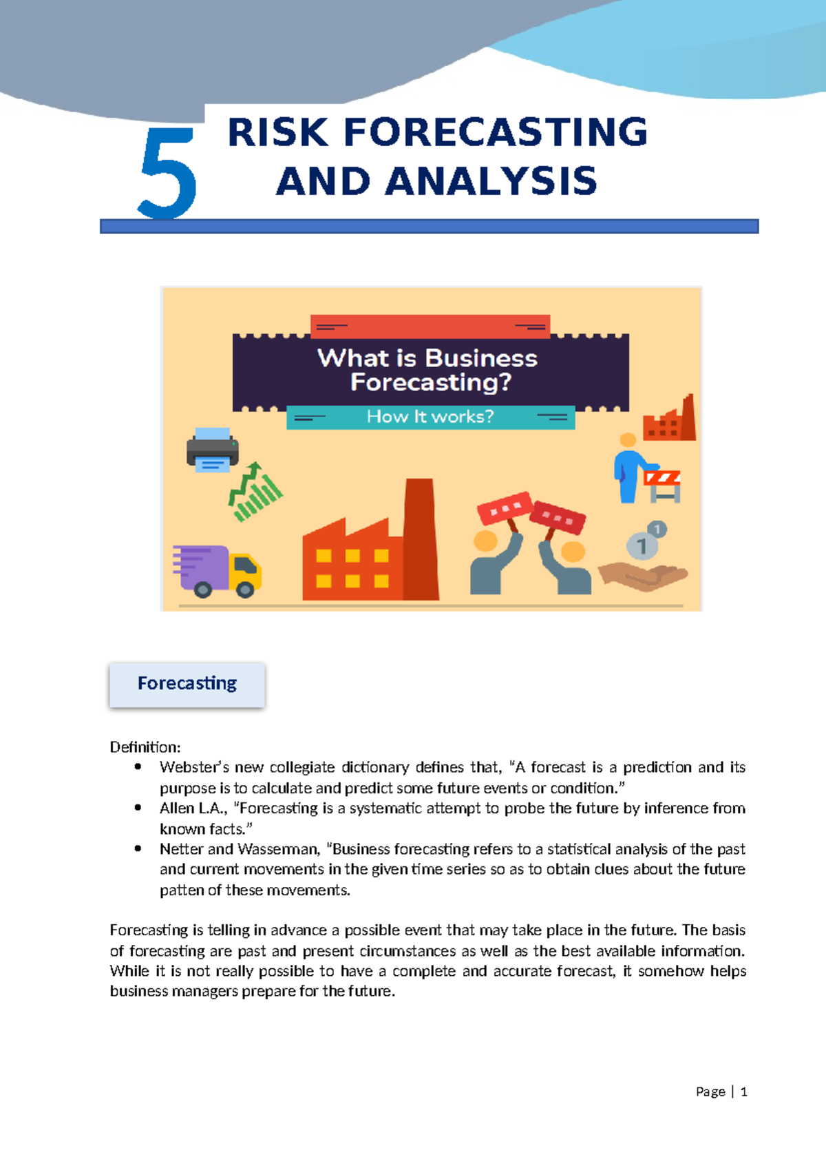 Risk Mngt Chapter 5 - RISK FORECASTING AND ANALYSIS Forecasting ...